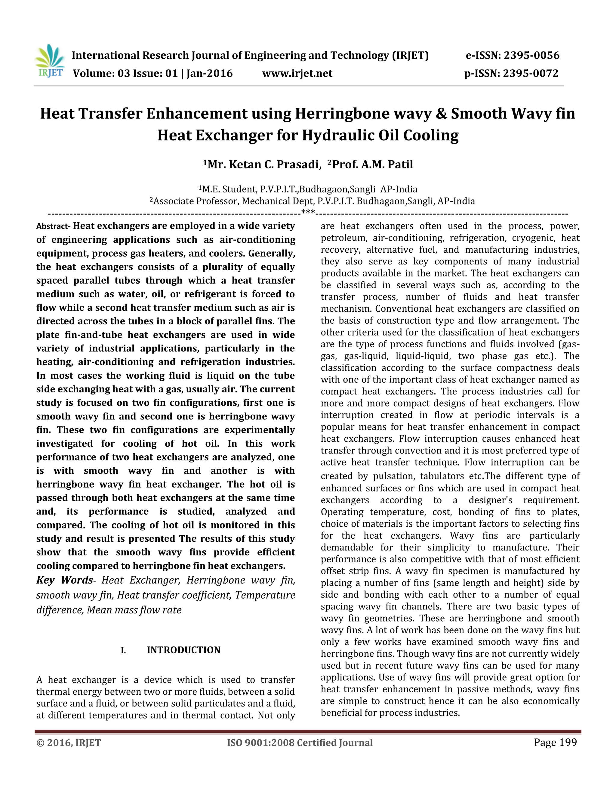 Heat Transfer Enhancement using Herringbone wavy & Smooth Wavy fin Heat ...