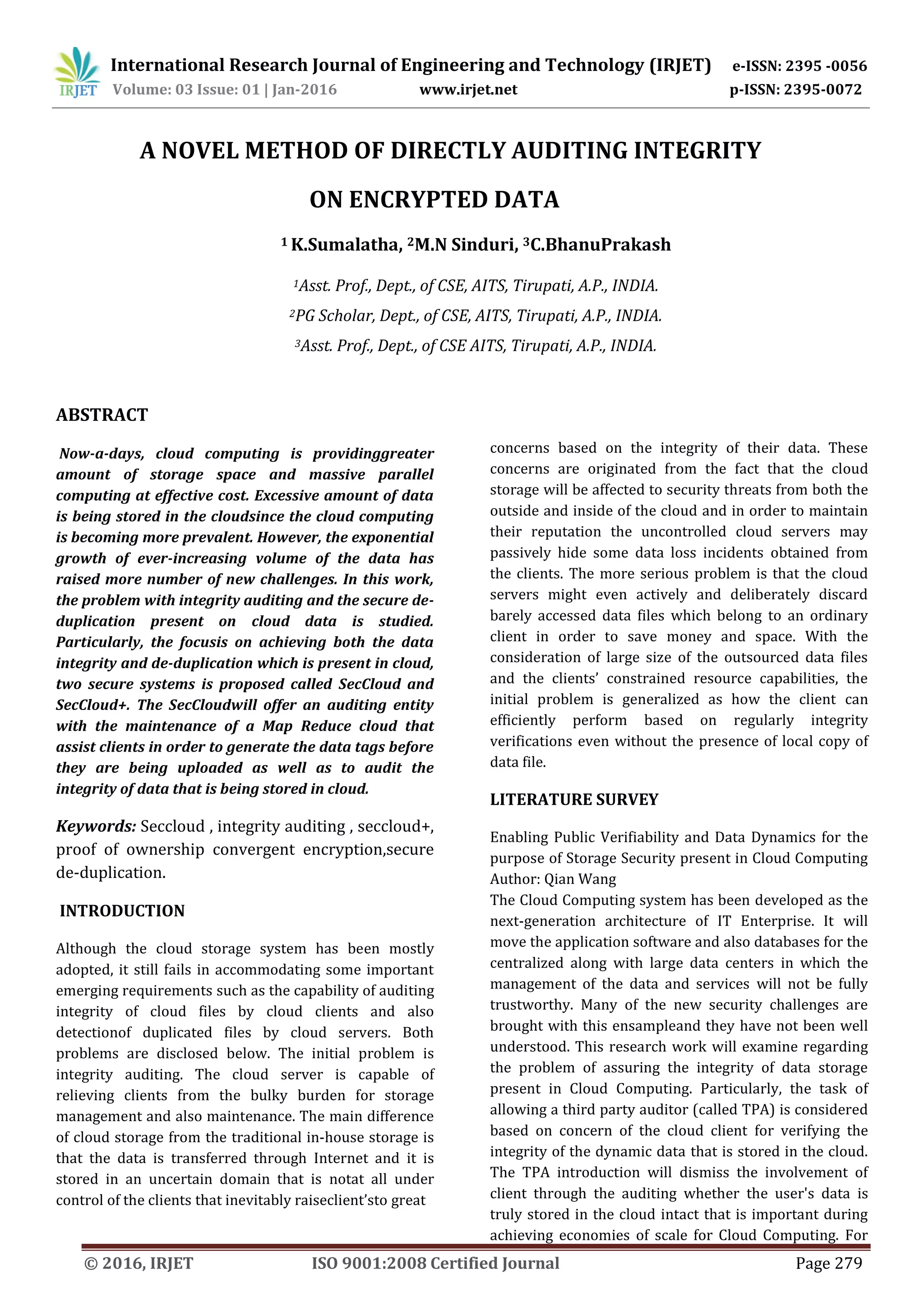 A Novel Method of Directly Auditing Integrity On Encrypted Data | PDF