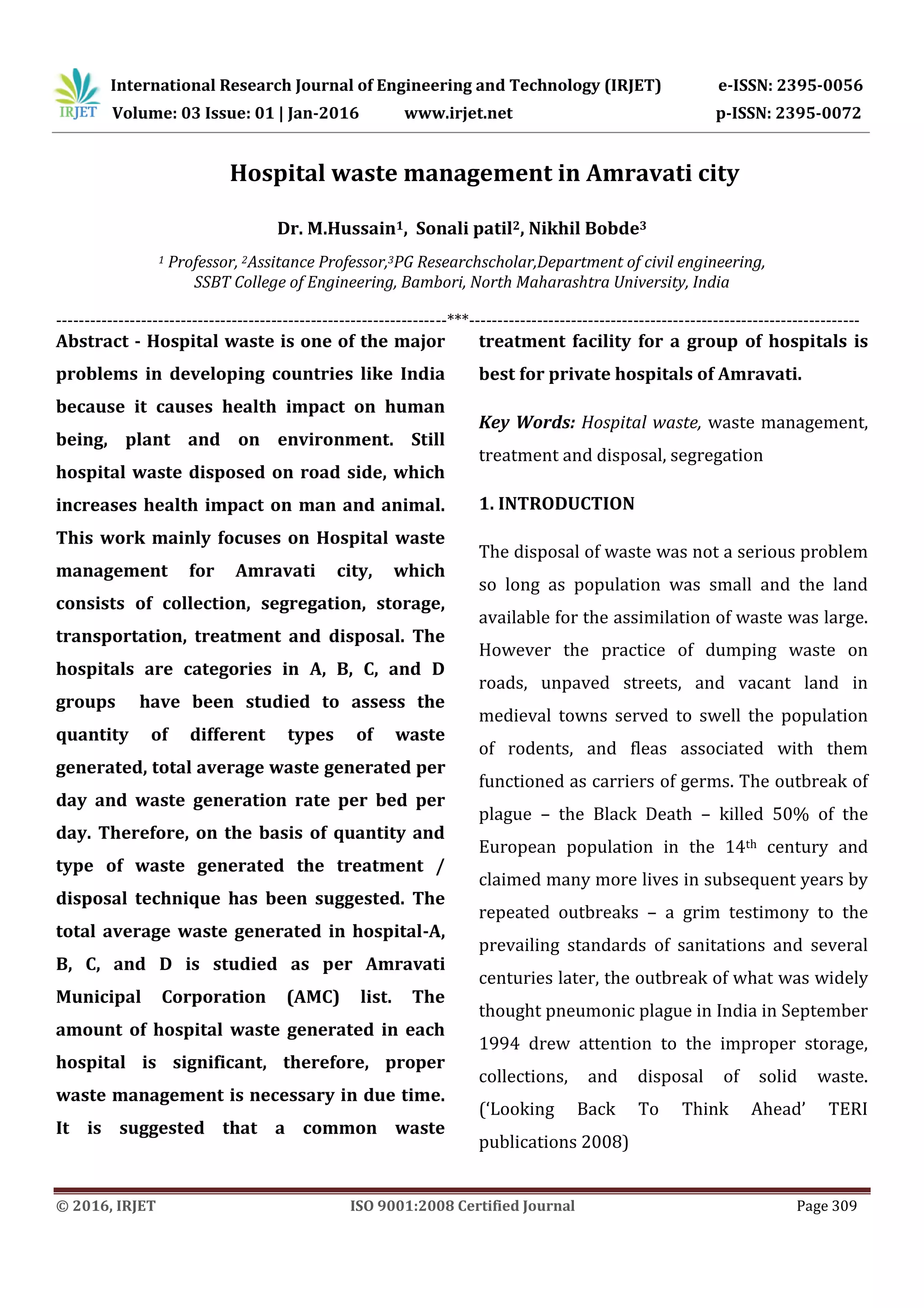 Hospital waste management in Amravati city | PDF