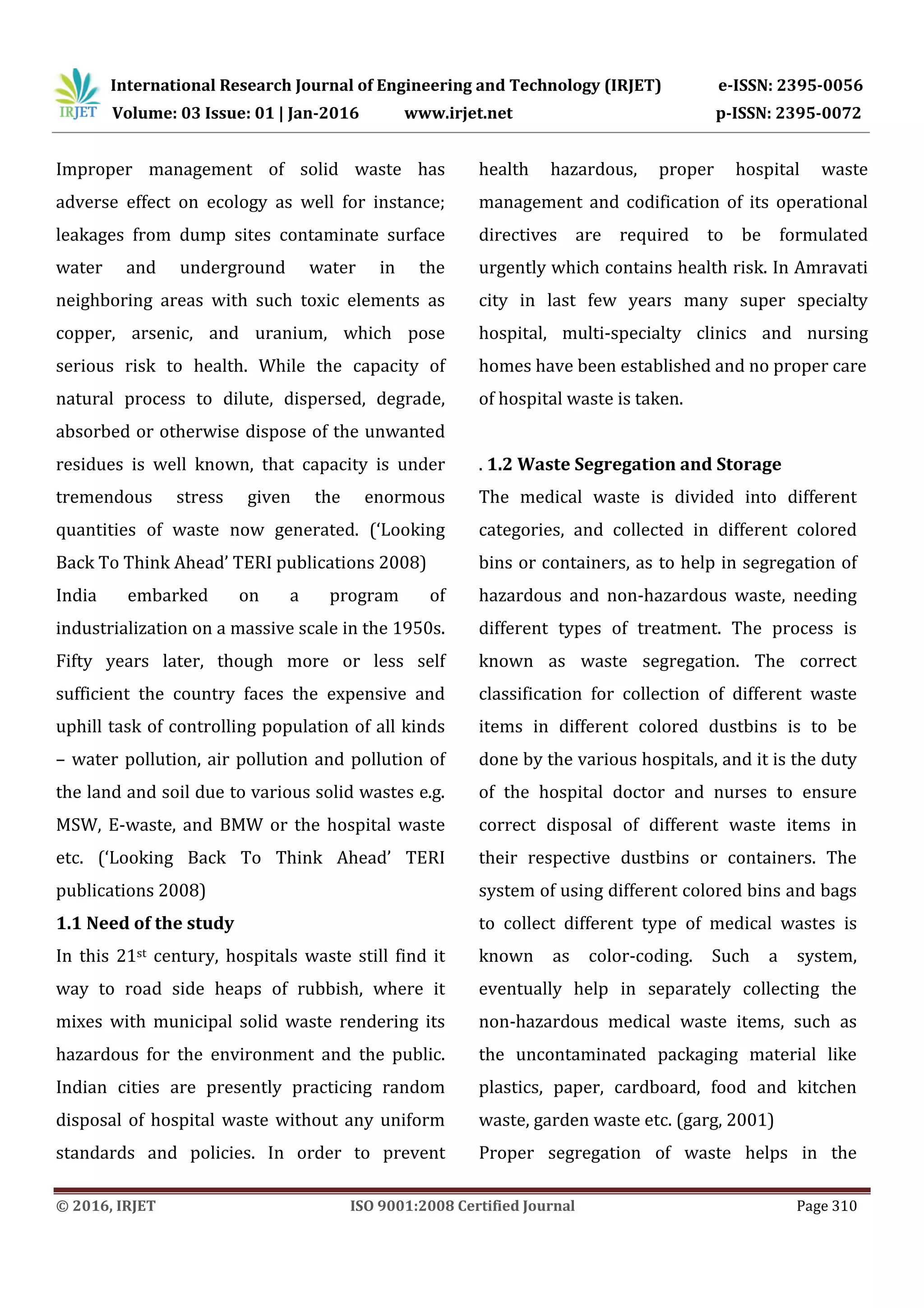 Hospital waste management in Amravati city | PDF