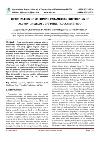 Optimization of Machining Parameters for Turning Of Aluminium Alloy 7075 Using Taguchi Method | PDF