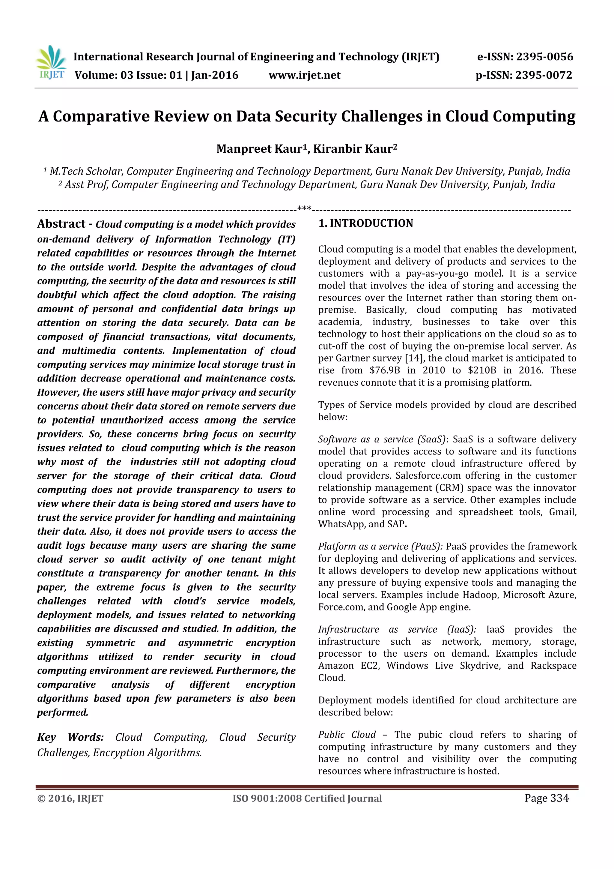 A Comparative Review On Data Security Challenges In Cloud Computing Pdf