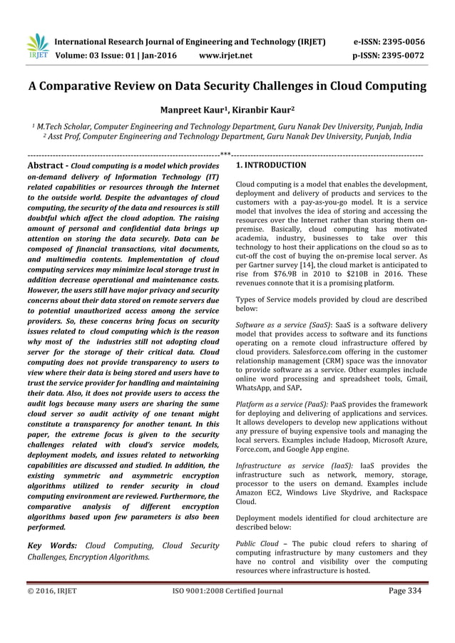 A Comparative Review on Data Security Challenges in Cloud Computing | PDF