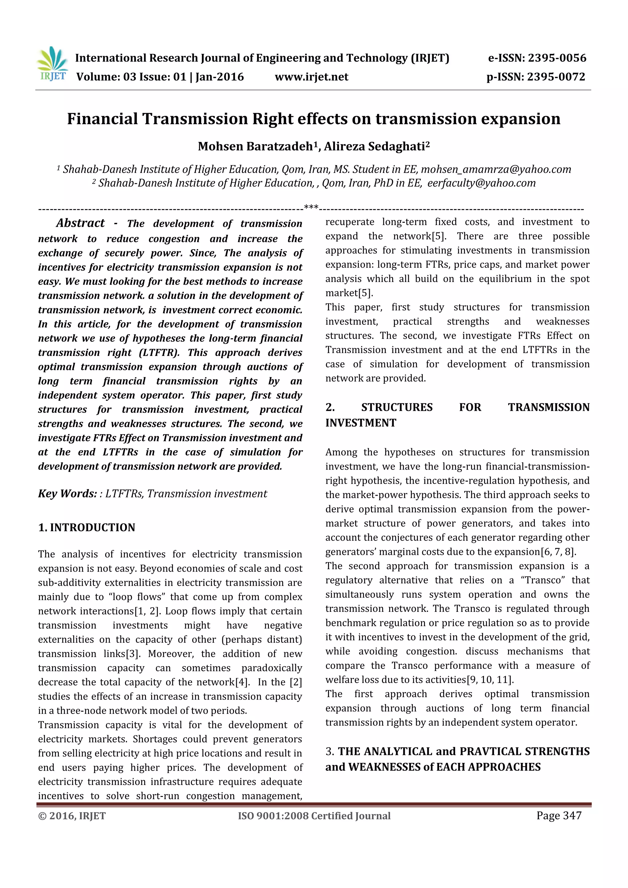 Financial Transmission Right effects on transmission expansion | PDF