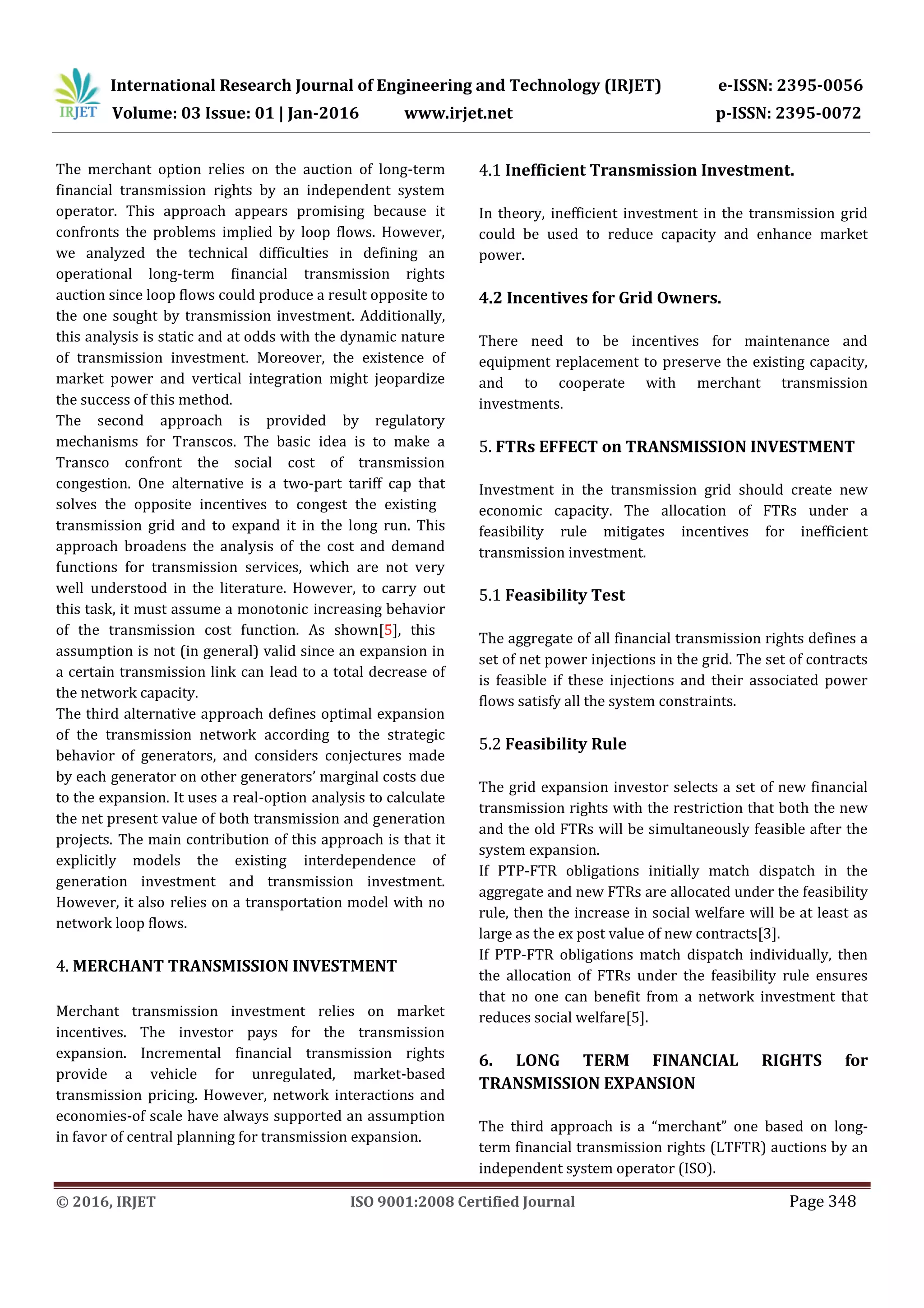 Financial Transmission Right effects on transmission expansion | PDF