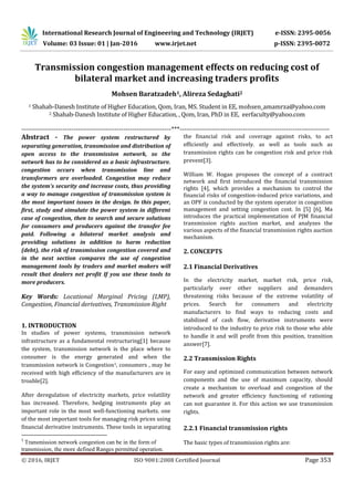 Transmission congestion management effects on reducing cost of ...