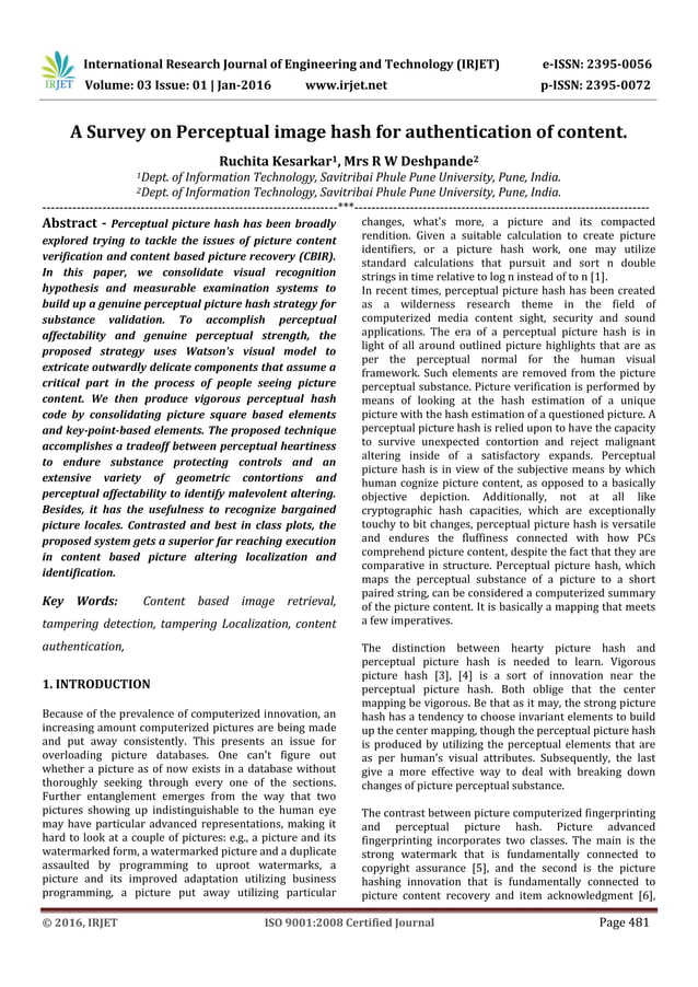 A Survey on Perceptual image hash for authentication of content | PDF