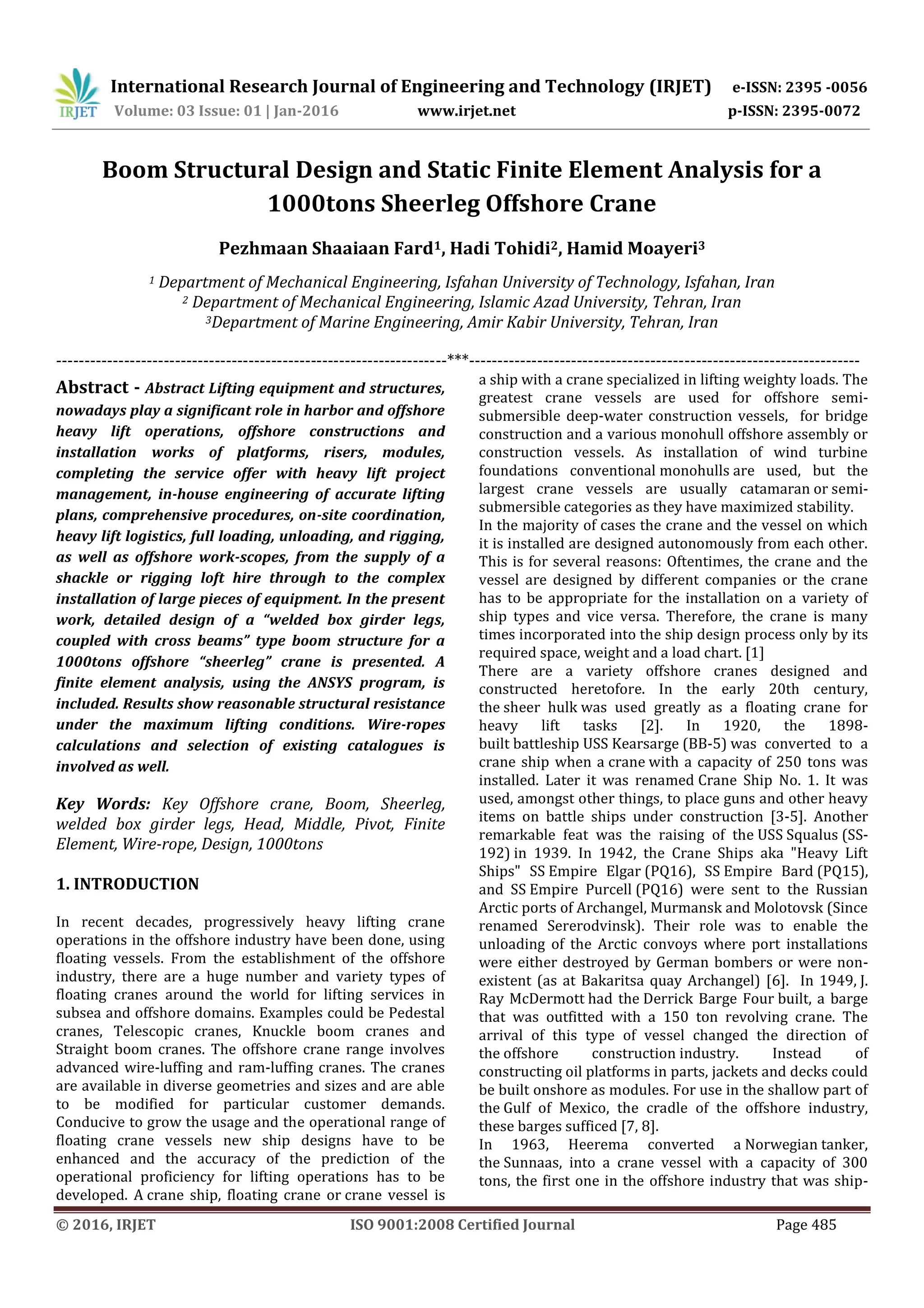 Boom Structural Design and Static Finite Element Analysis for a 1000tons Sheerleg Offshore Crane ...