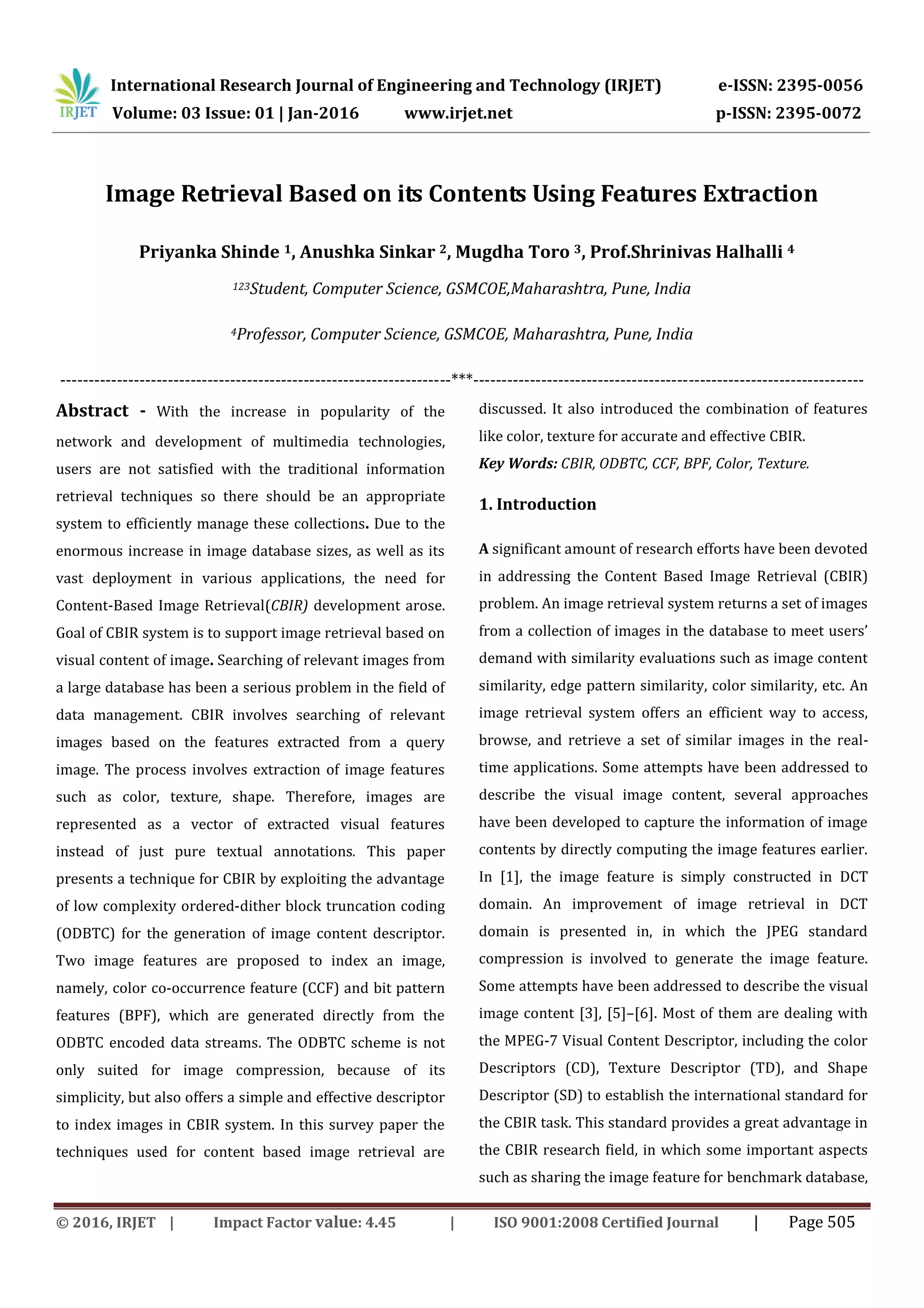 Image Retrieval Based on its Contents Using Features Extraction | PDF ...
