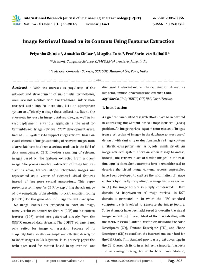 Image Retrieval Based on its Contents Using Features Extraction | PDF | Databases | Computer ...