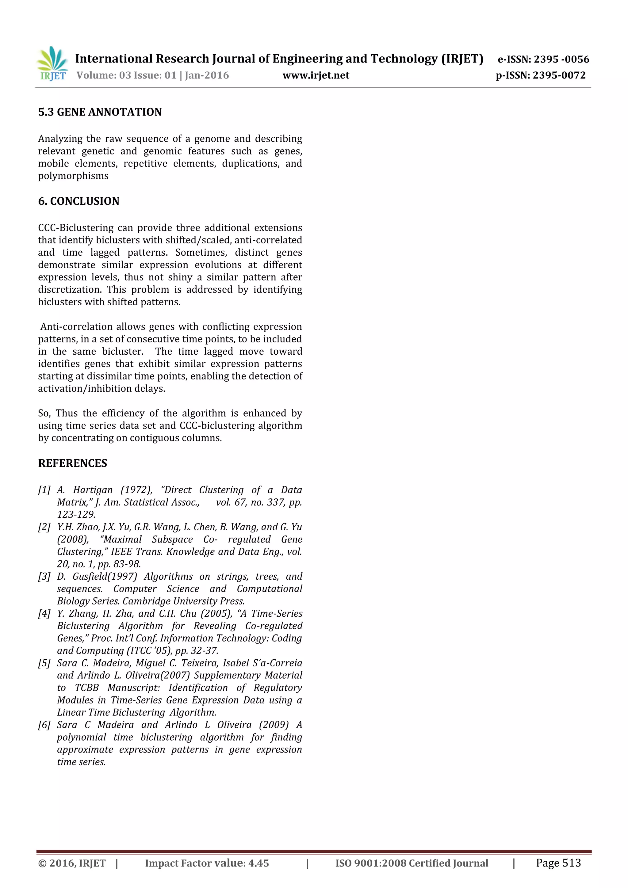 CCC-Bicluster Analysis for Time Series Gene Expression Data | PDF