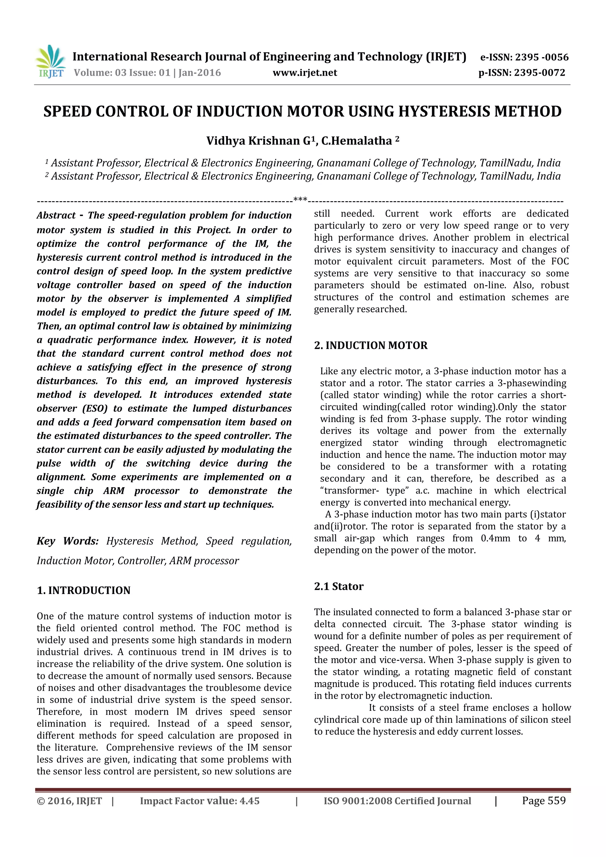 Speed Control of Induction Motor Using Hysteresis Method | PDF