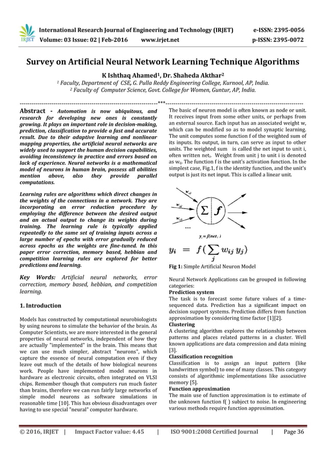 Survey on Artificial Neural Network Learning Technique Algorithms | PDF | Artificial ...