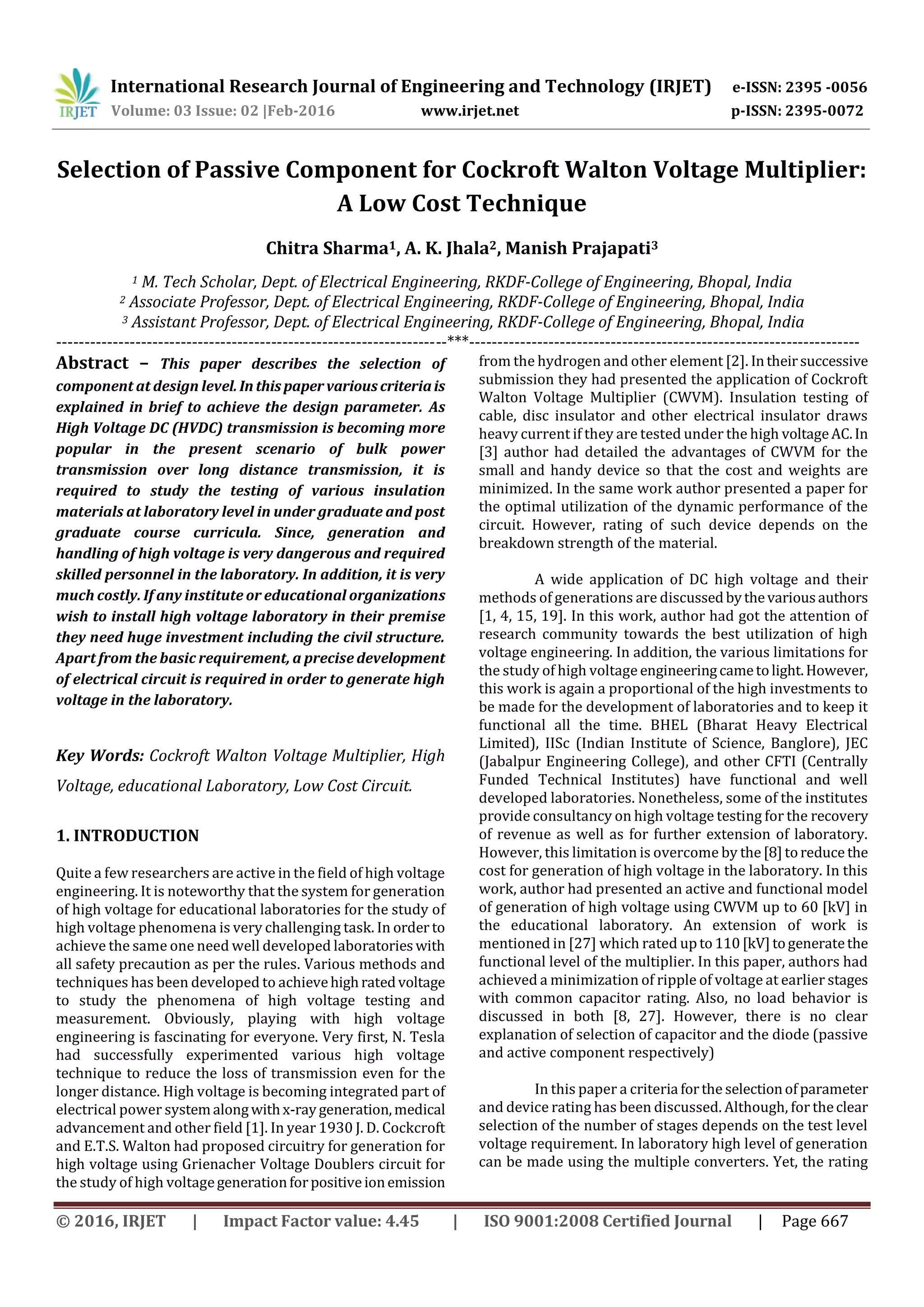 Selection of Passive Component for Cockroft Walton Voltage Multiplier ...