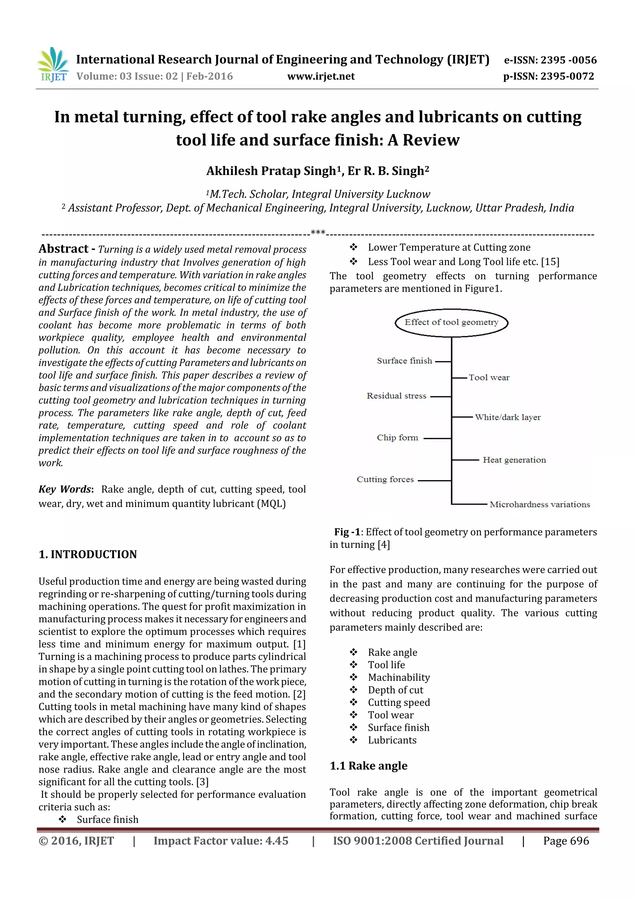 In Metal Turning Effect Of Tool Rake Angles And Lubricants On Cutting Tool Life And Surface