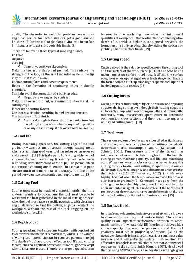 In Metal Turning Effect Of Tool Rake Angles And Lubricants On Cutting Tool Life And Surface