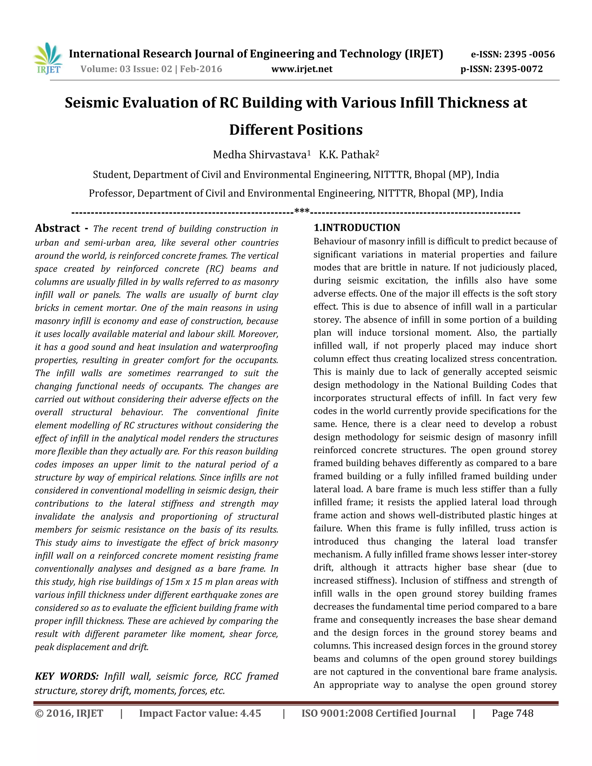 Seismic Evaluation of RC Building with Various Infill Thickness at Different Positions | PDF