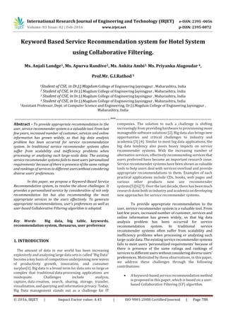 Keyword Based Service Recommendation system for Hotel System using Collaborative Filtering | PDF