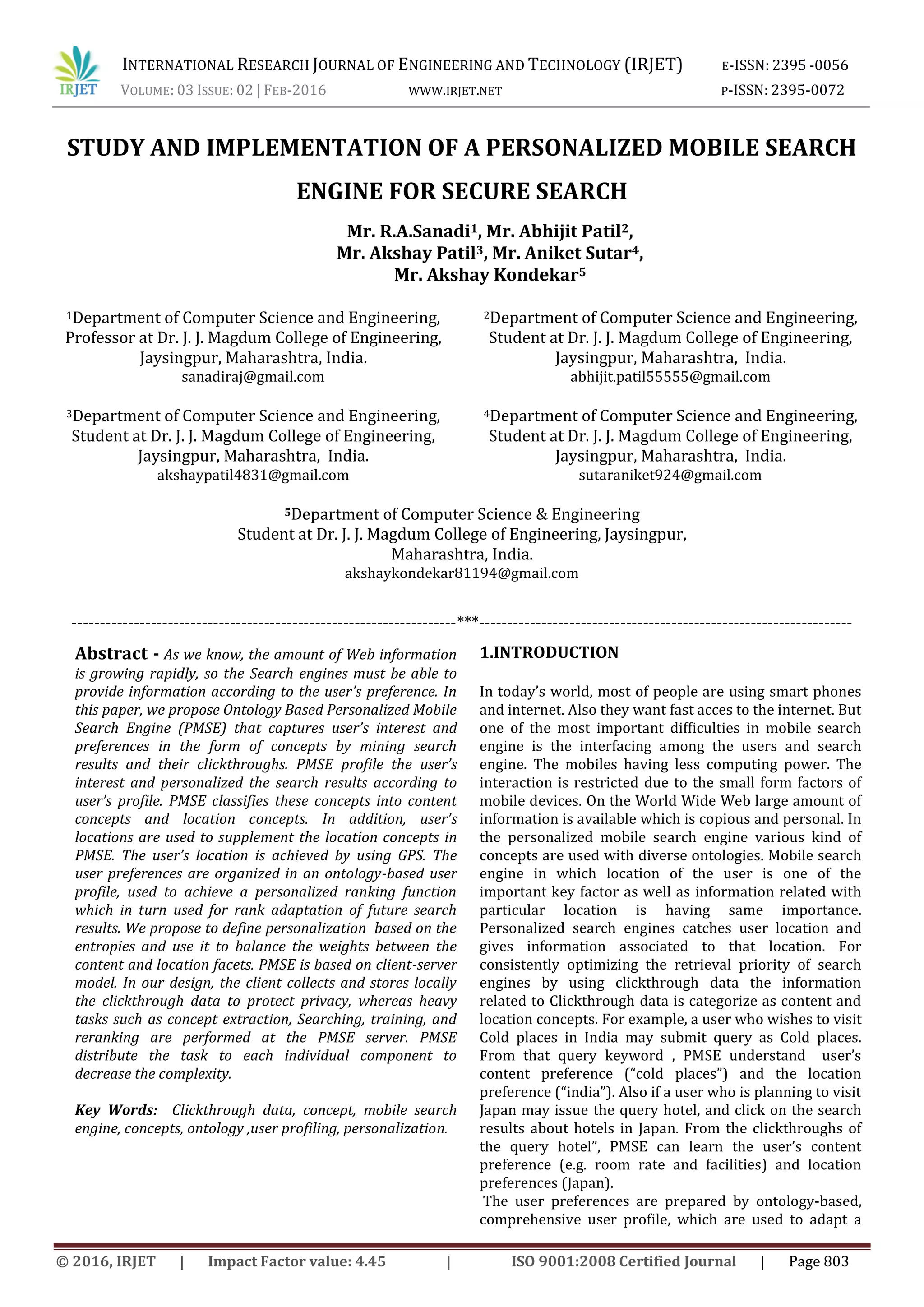 Study and Implementation of a Personalized Mobile Search Engine for Secure Search | PDF