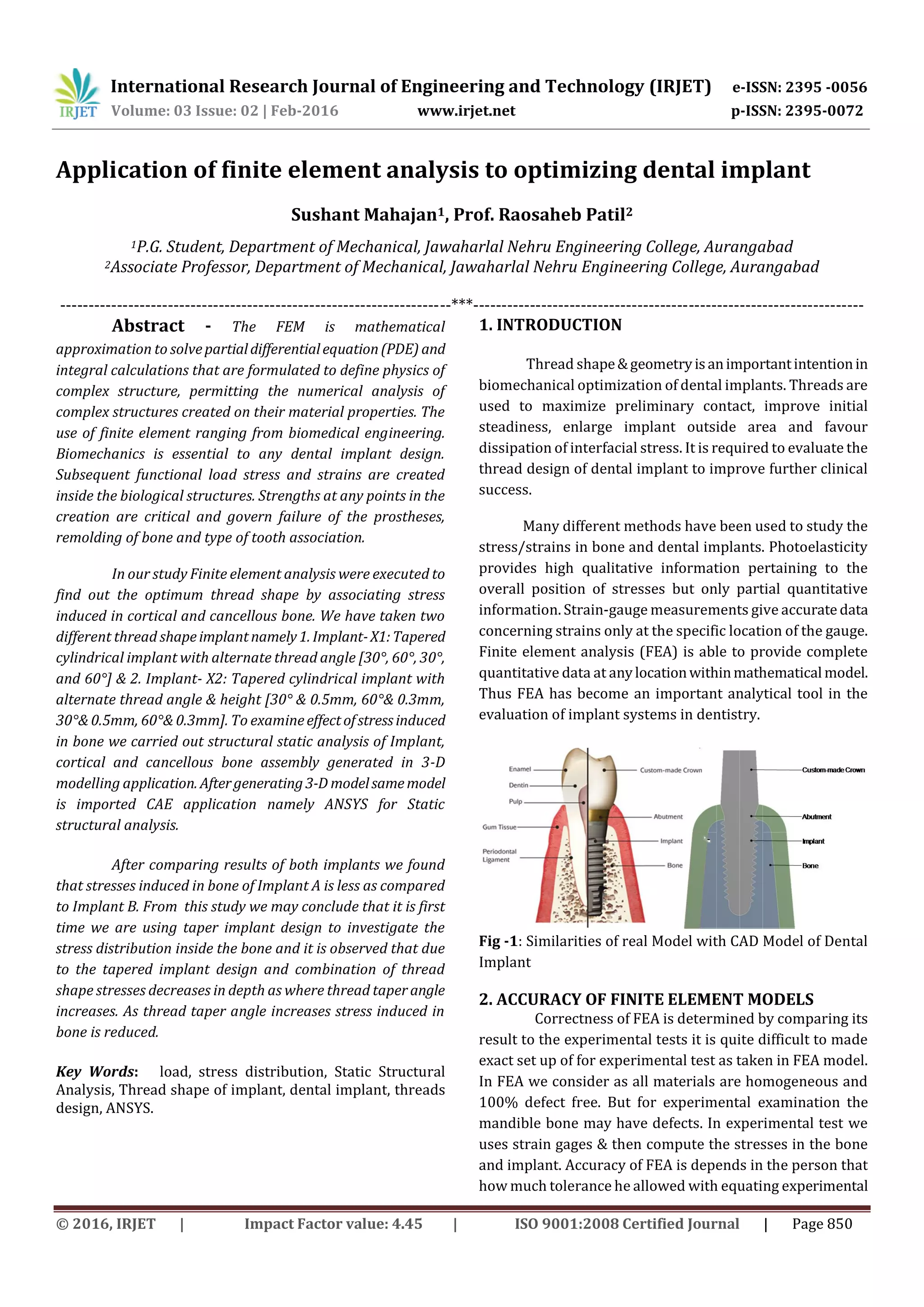 Application of finite element analysis to optimizing dental implant | PDF