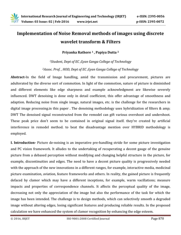 Implementation Of Noise Removal Methods Of Images Using Discrete Wavelet Transform And Filters Pdf