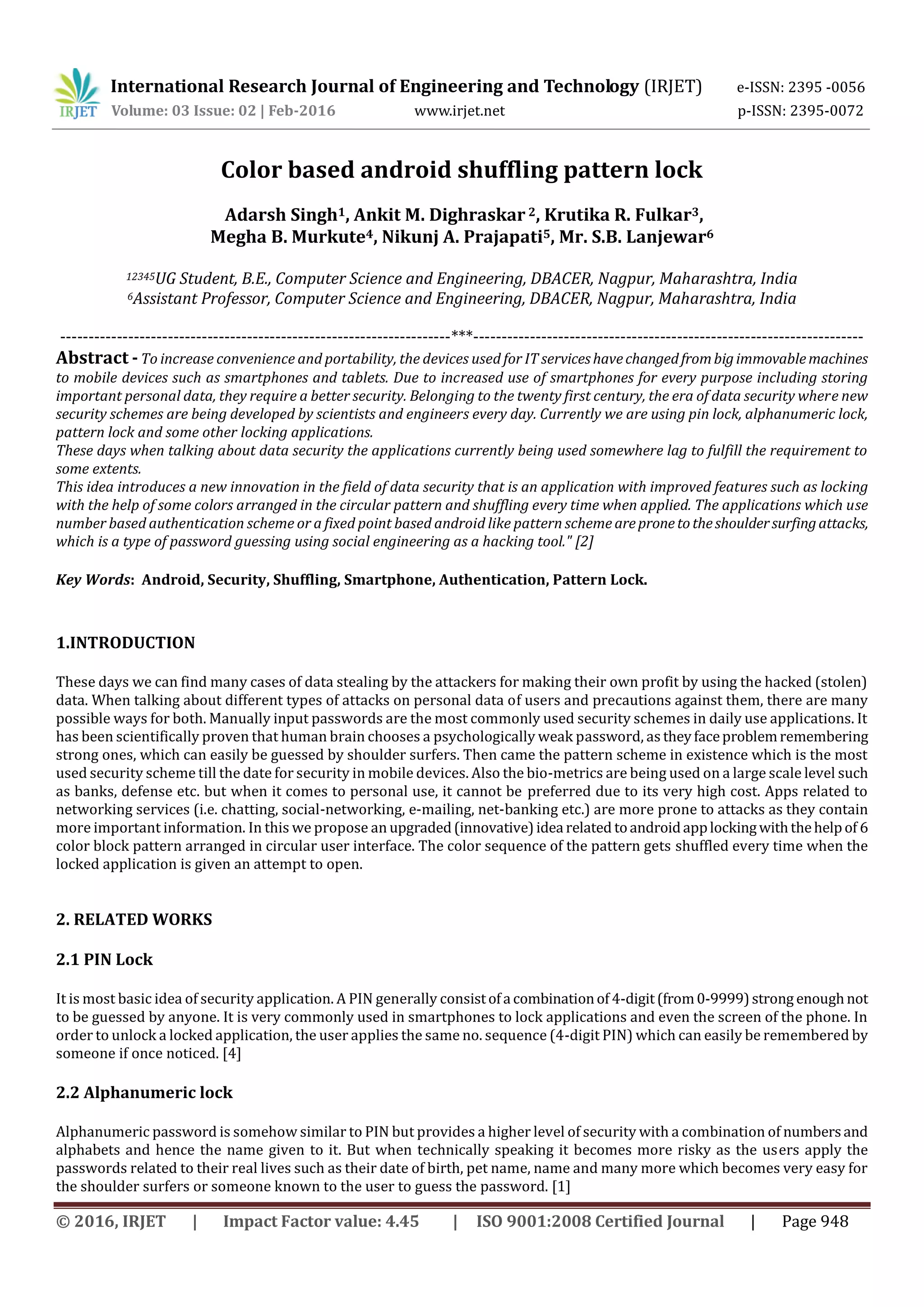 Color based android shuffling pattern lock | PDF