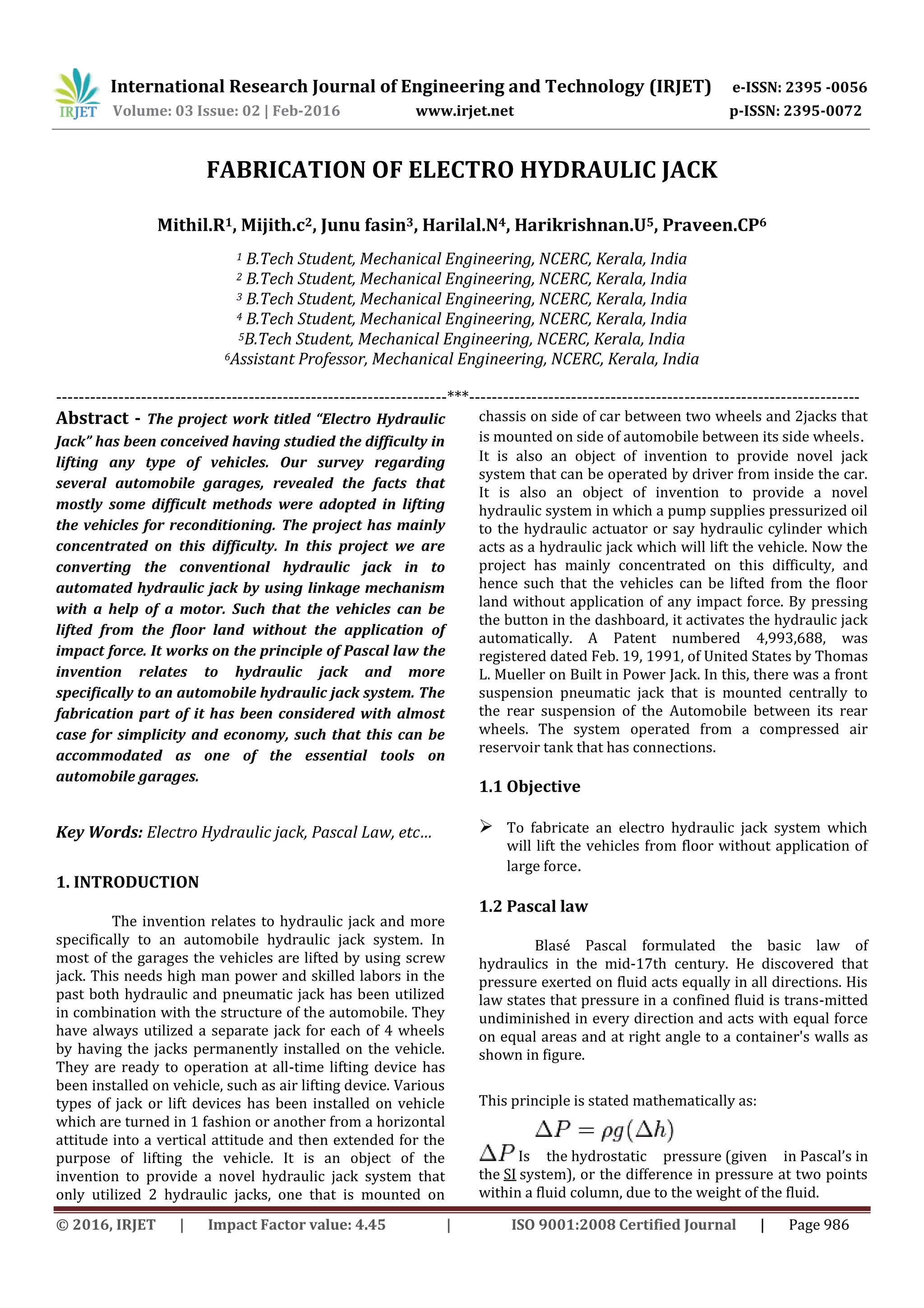 Fabrication of Electro Hydraulic Jack | PDF