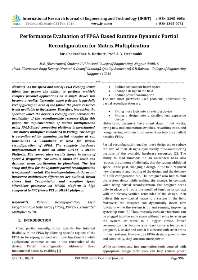 Performance Evaluation Of Fpga Based Runtime Dynamic Partial Reconfiguration For Matrix 8484
