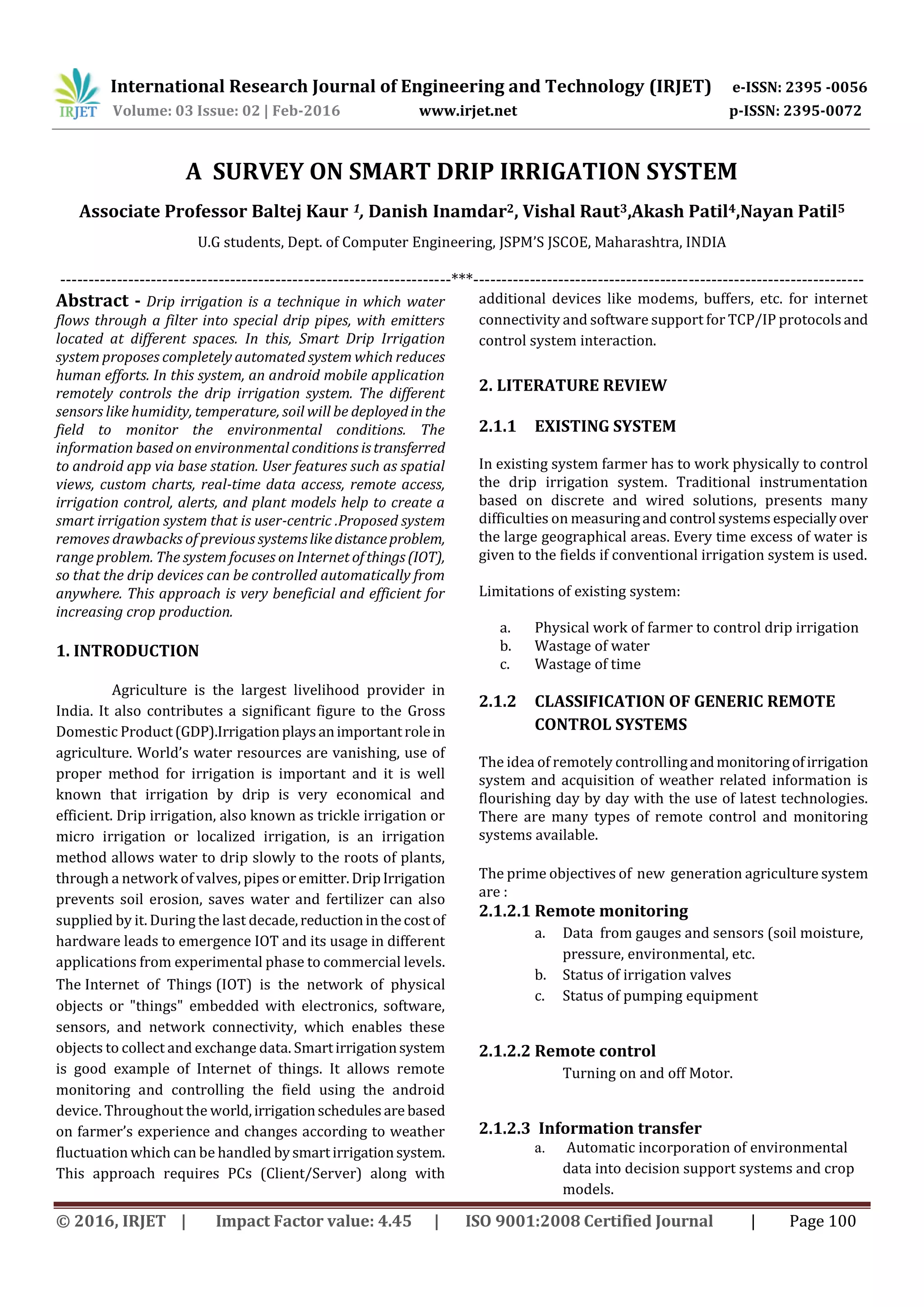 A Survey on Smart DRIP Irrigation System | PDF