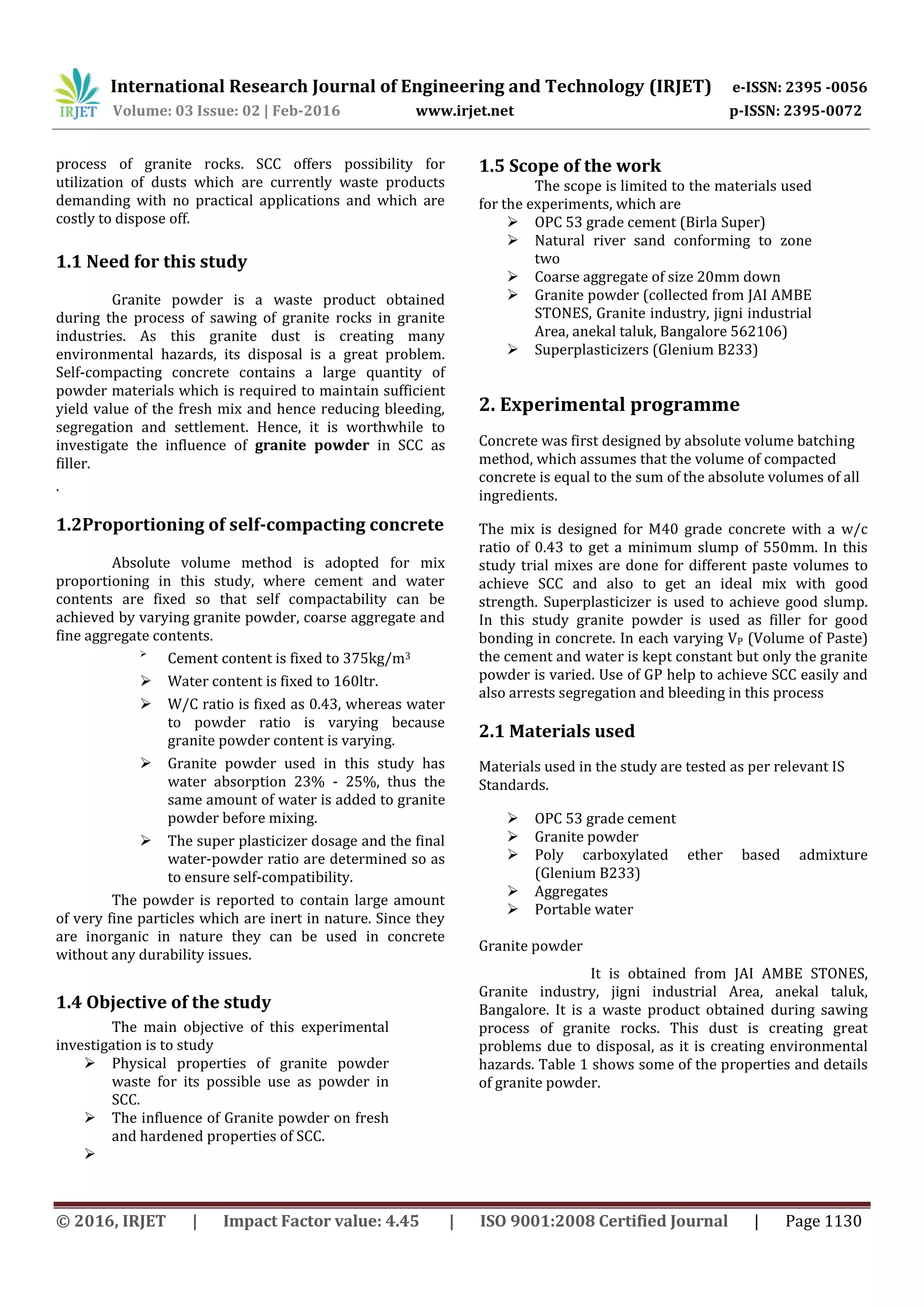 Use of Granite Waste as Powder in SCC | PDF