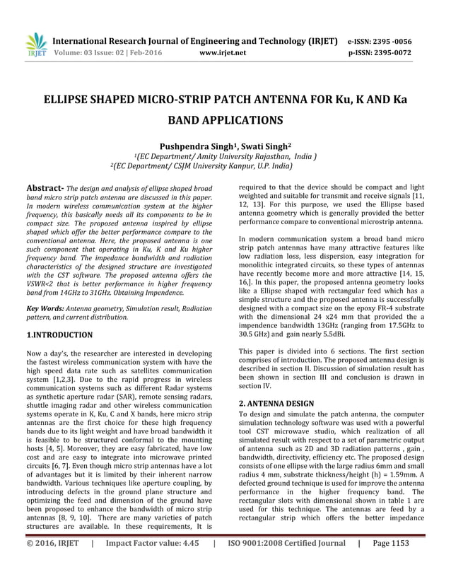 Ellipse Shaped Micro-Strip Patch Antenna for Ku, K and Ka Band Applications | PDF