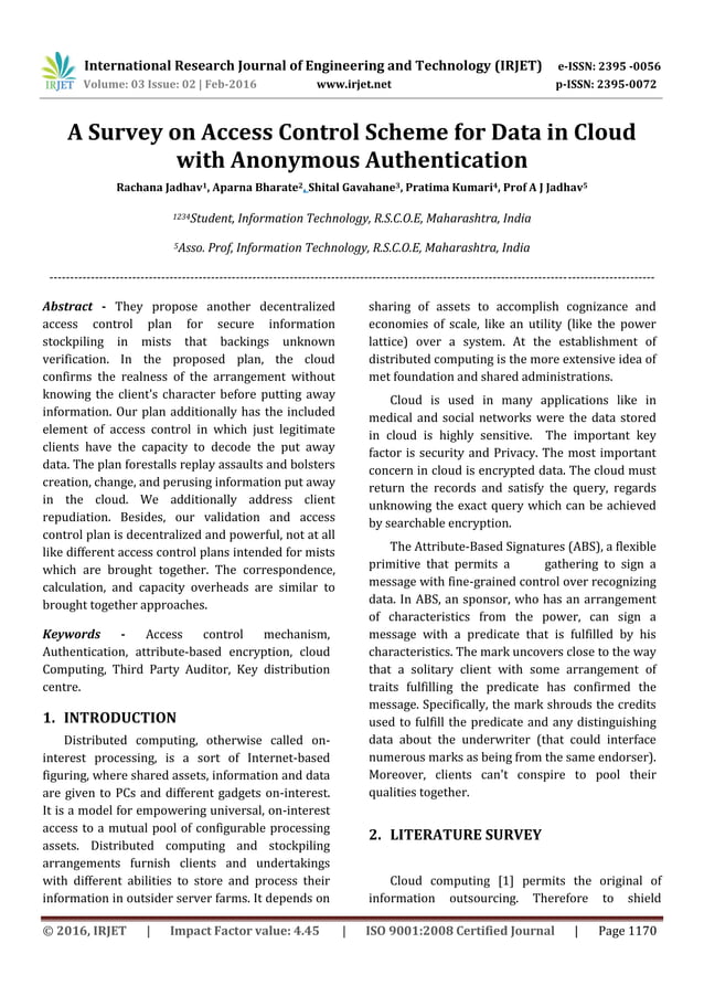 A Survey on Access Control Scheme for Data in Cloud with Anonymous Authentication | PDF