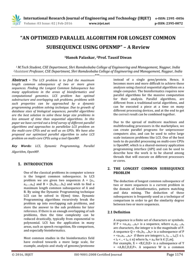 An Optimized Parallel Algorithm for Longest Common Subsequence Using Openmp – A Review | PDF