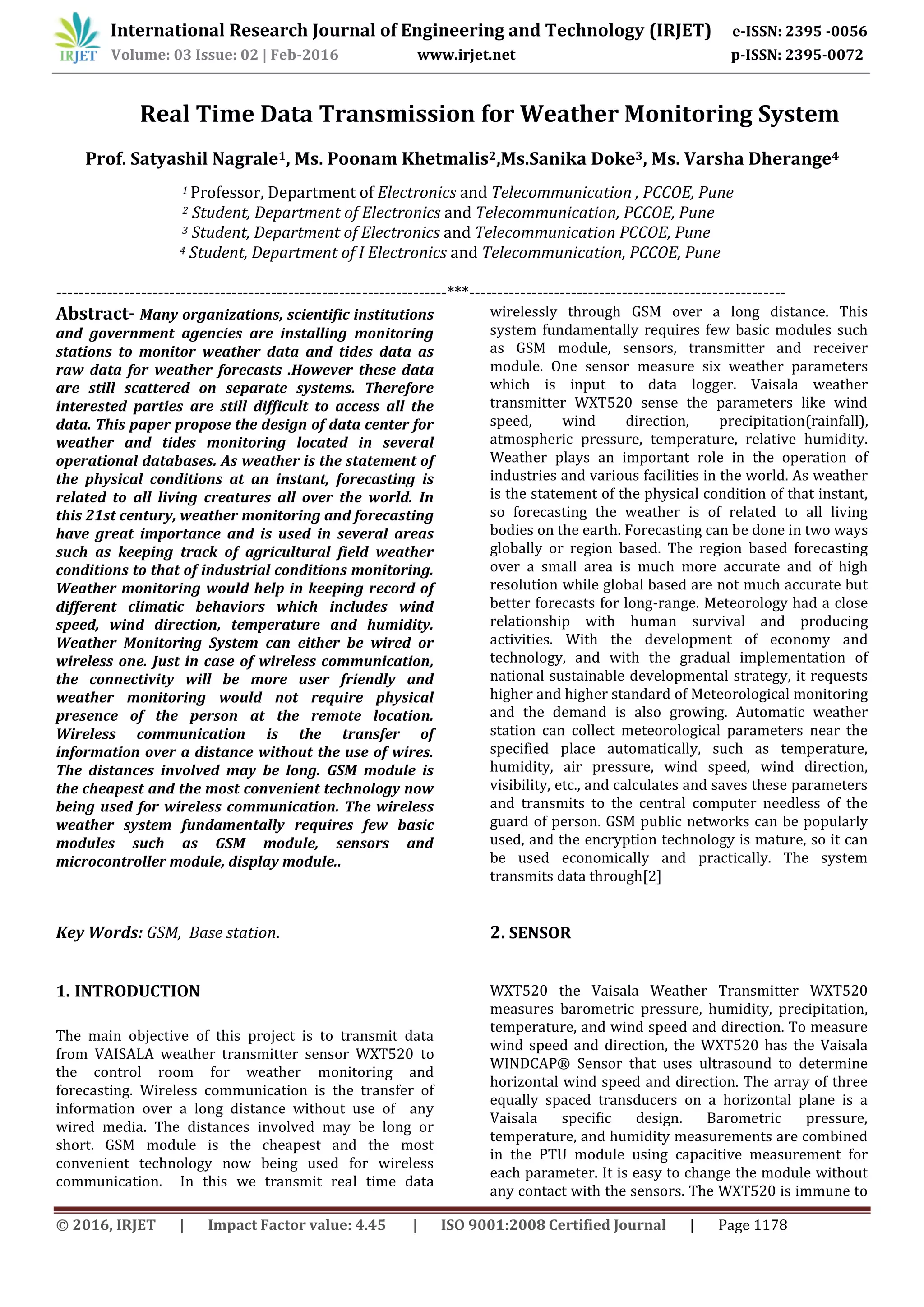 Real Time Data Transmission for Weather Monitoring System | PDF