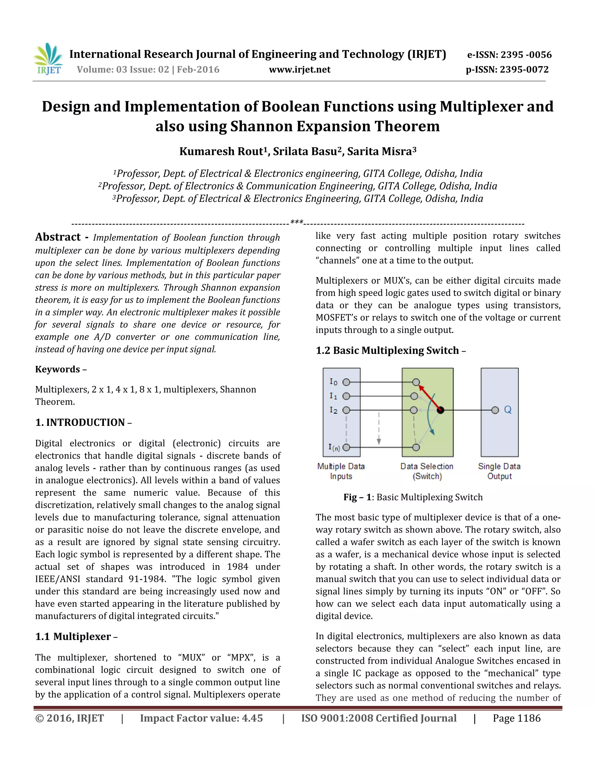 Design and Implementation of Boolean Functions using Multiplexer and ... Design and Implementation of Boolean Functions using Multiplexer and ...