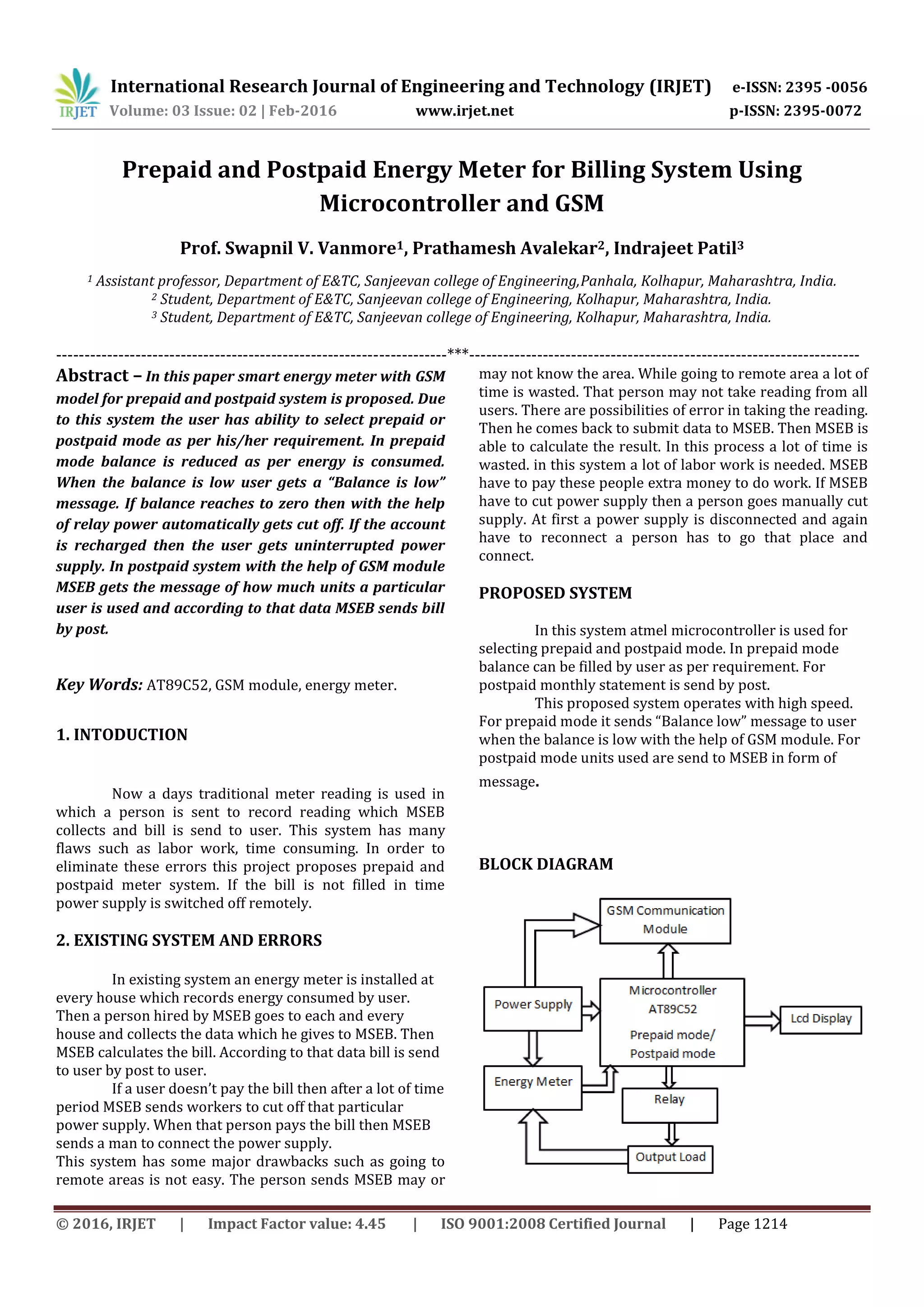 Prepaid and Postpaid Energy Meter for Billing System Using ...