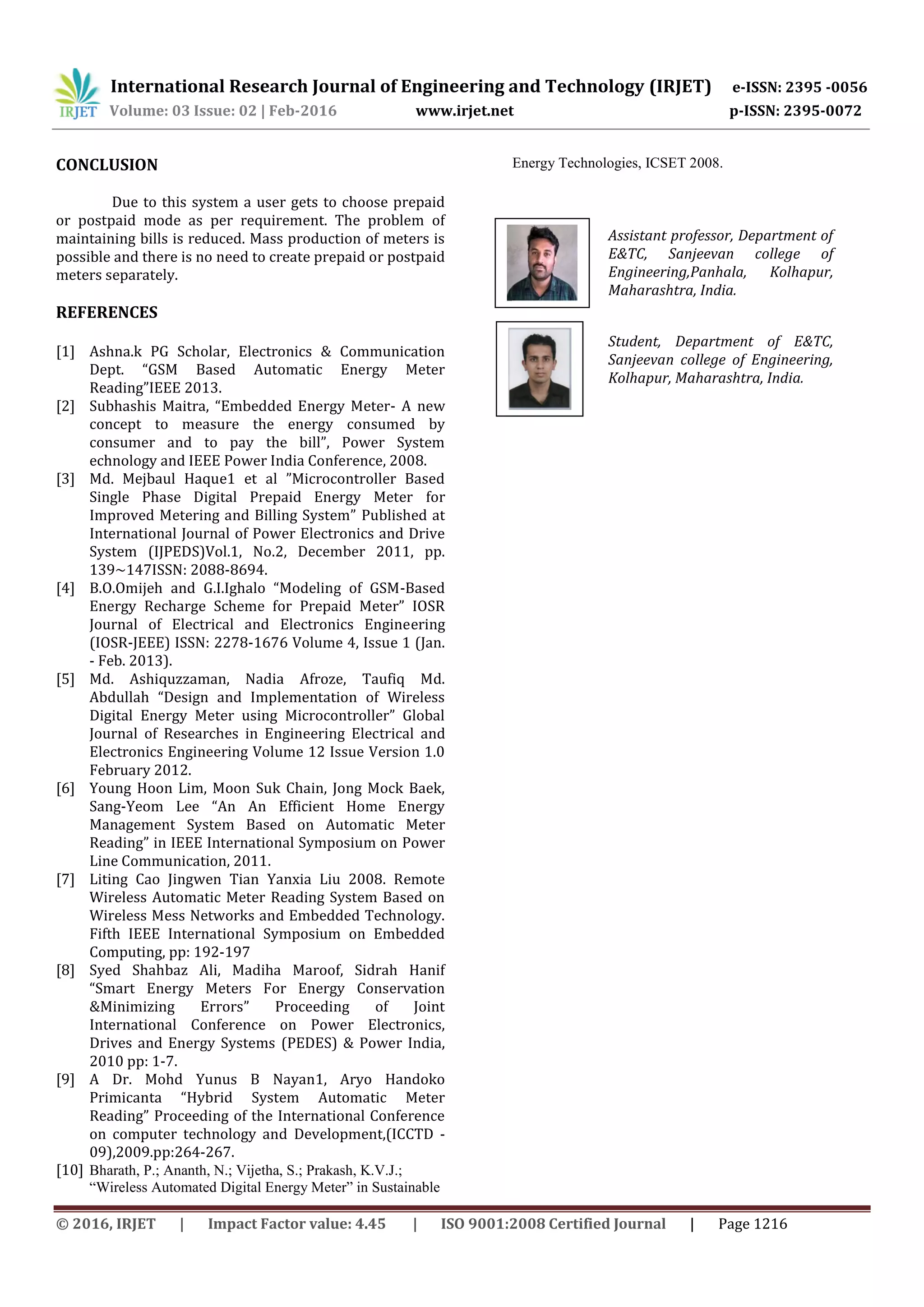 Prepaid and Postpaid Energy Meter for Billing System Using Microcontroller and GSM | PDF
