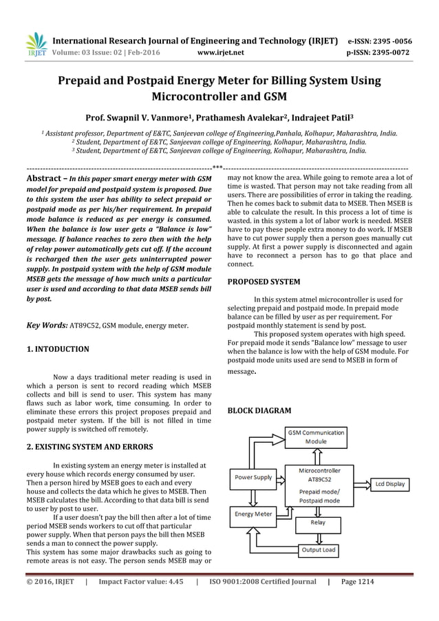 Prepaid and Postpaid Energy Meter for Billing System Using Microcontroller and GSM | PDF