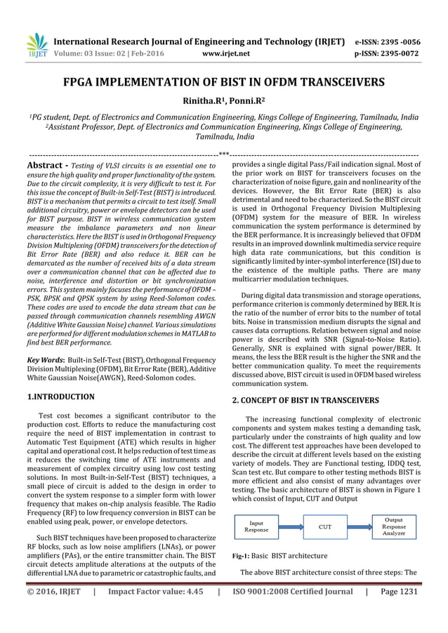 FPGA Implementation of BIST in OFDM Transceivers | PDF | Free Download