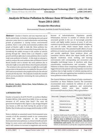 Analysis Of Noise Pollution In Silence Zone Of Gwalior City For The ...