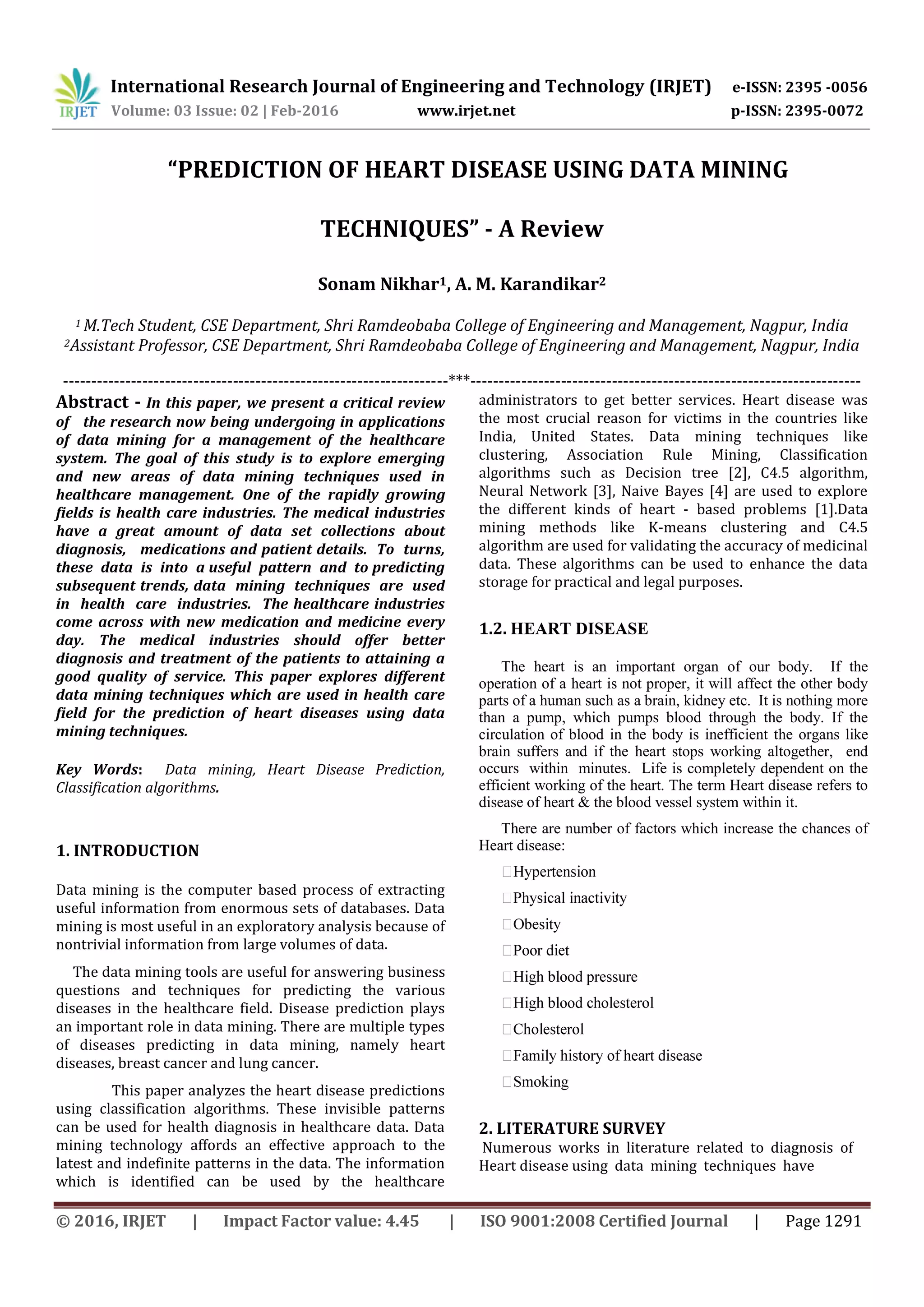 Prediction of Heart Disease Using Data Mining Techniques- A Review | PDF