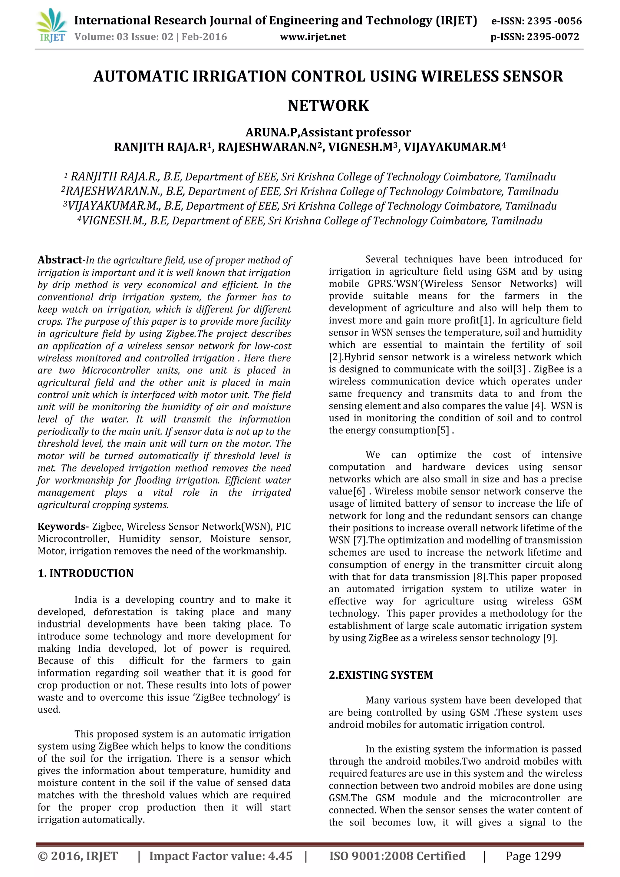 Automatic Irrigation Control Using Wireless Sensor Network | PDF