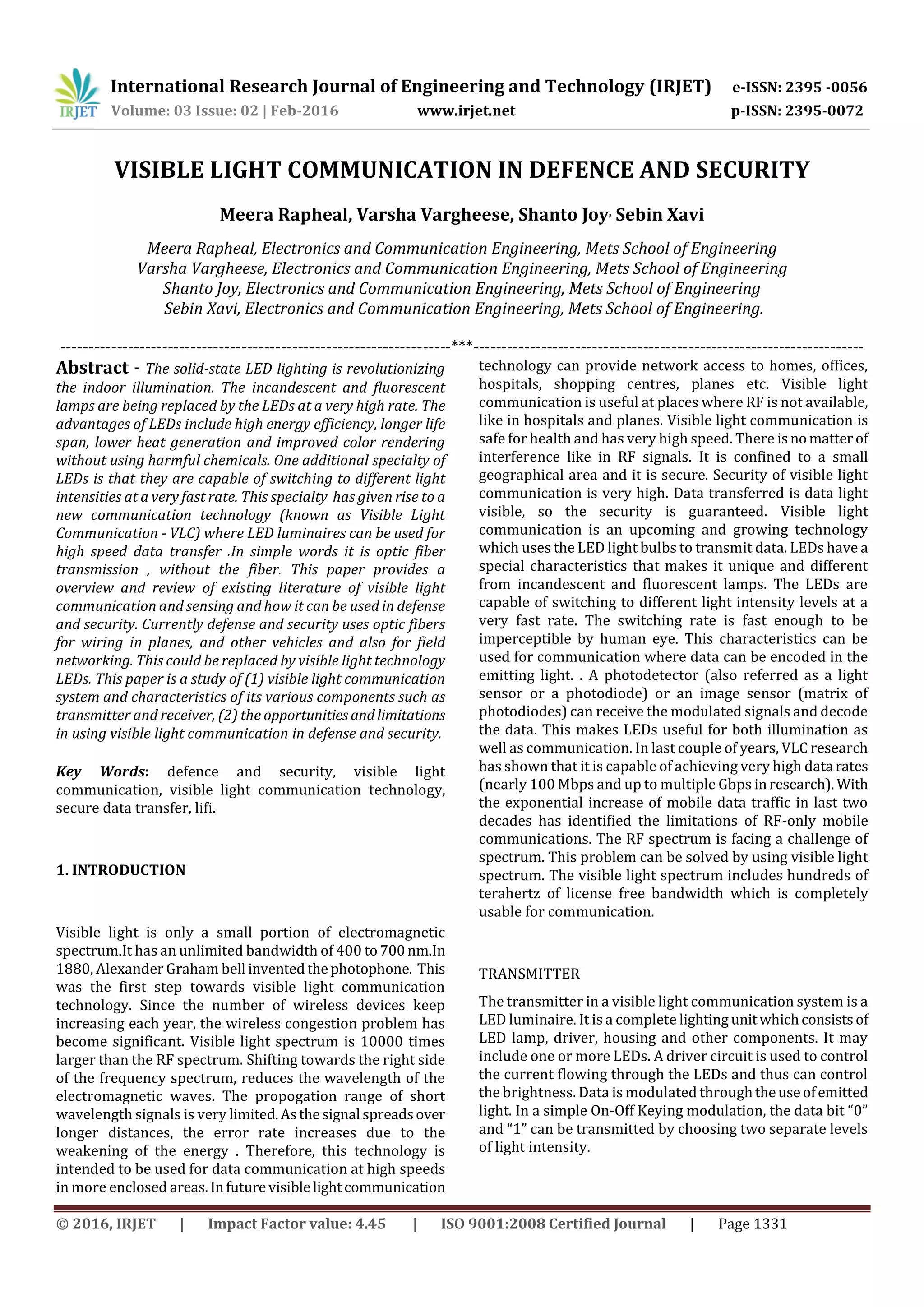 Visible Light Communication in Defence and Security | PDF