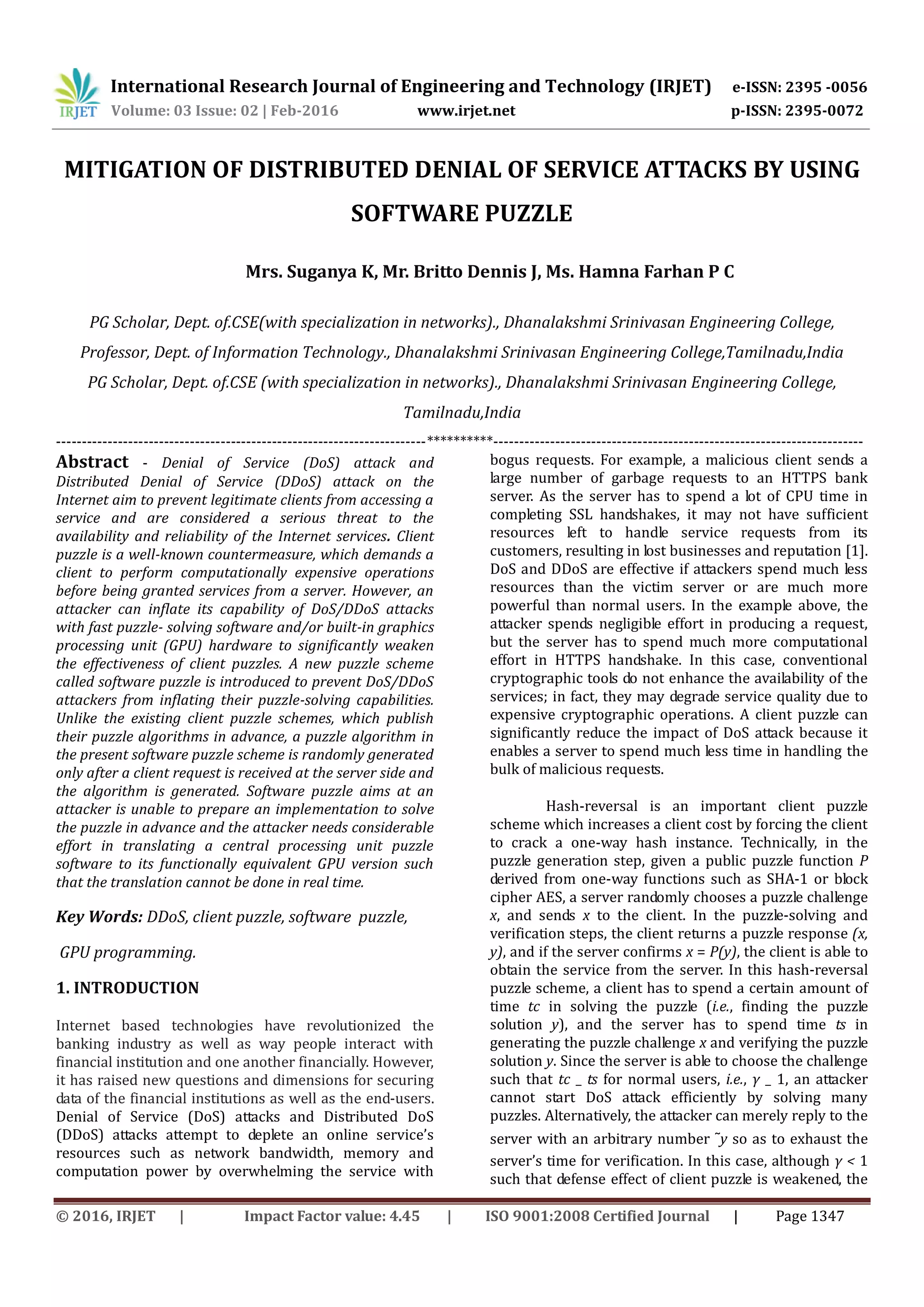 Mitigation of Distributed Denial of Service Attacks by Using Software Puzzle | PDF | Internet ...