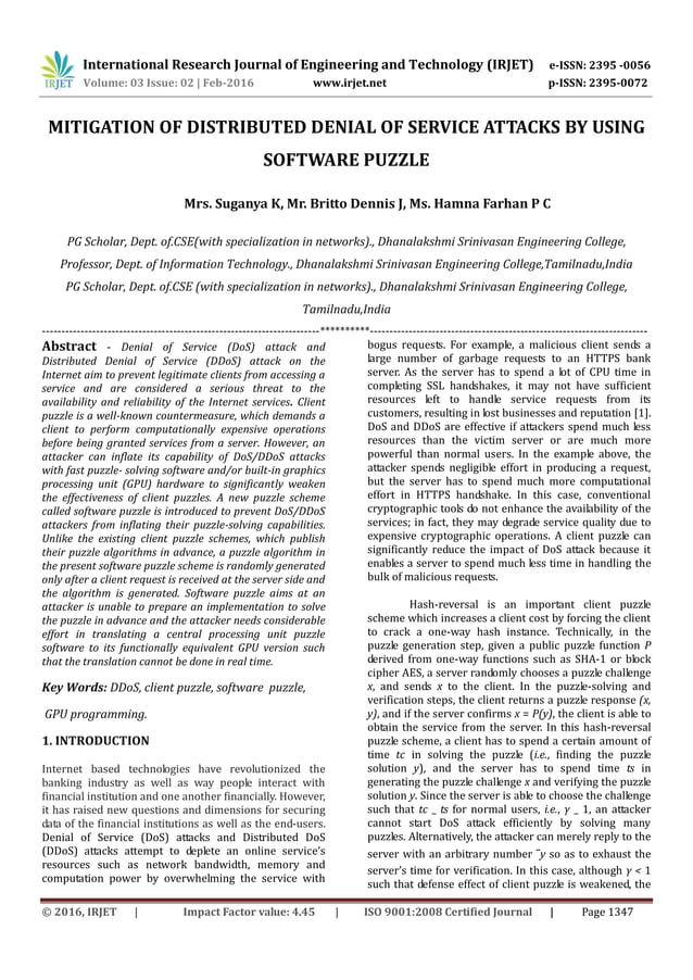 Mitigation of Distributed Denial of Service Attacks by Using Software ...