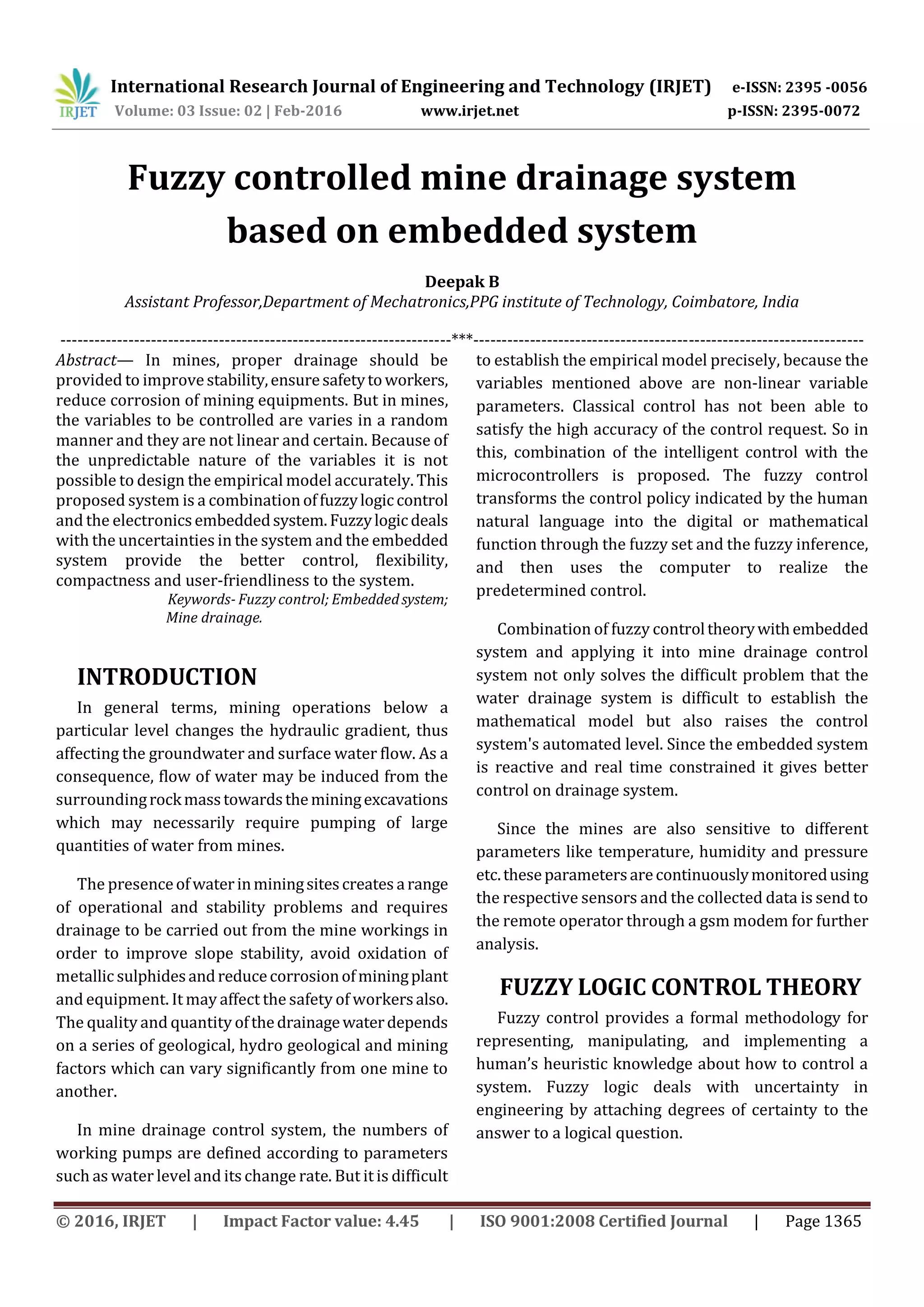 Fuzzy controlled mine drainage system based on embedded system | PDF