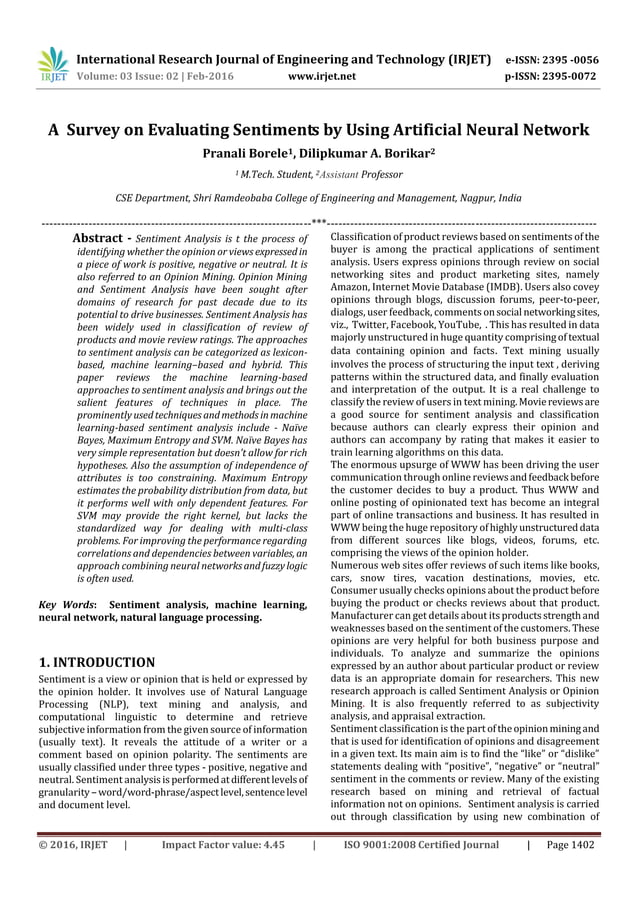 A Survey on Evaluating Sentiments by Using Artificial Neural Network | PDF | Internet | Computing