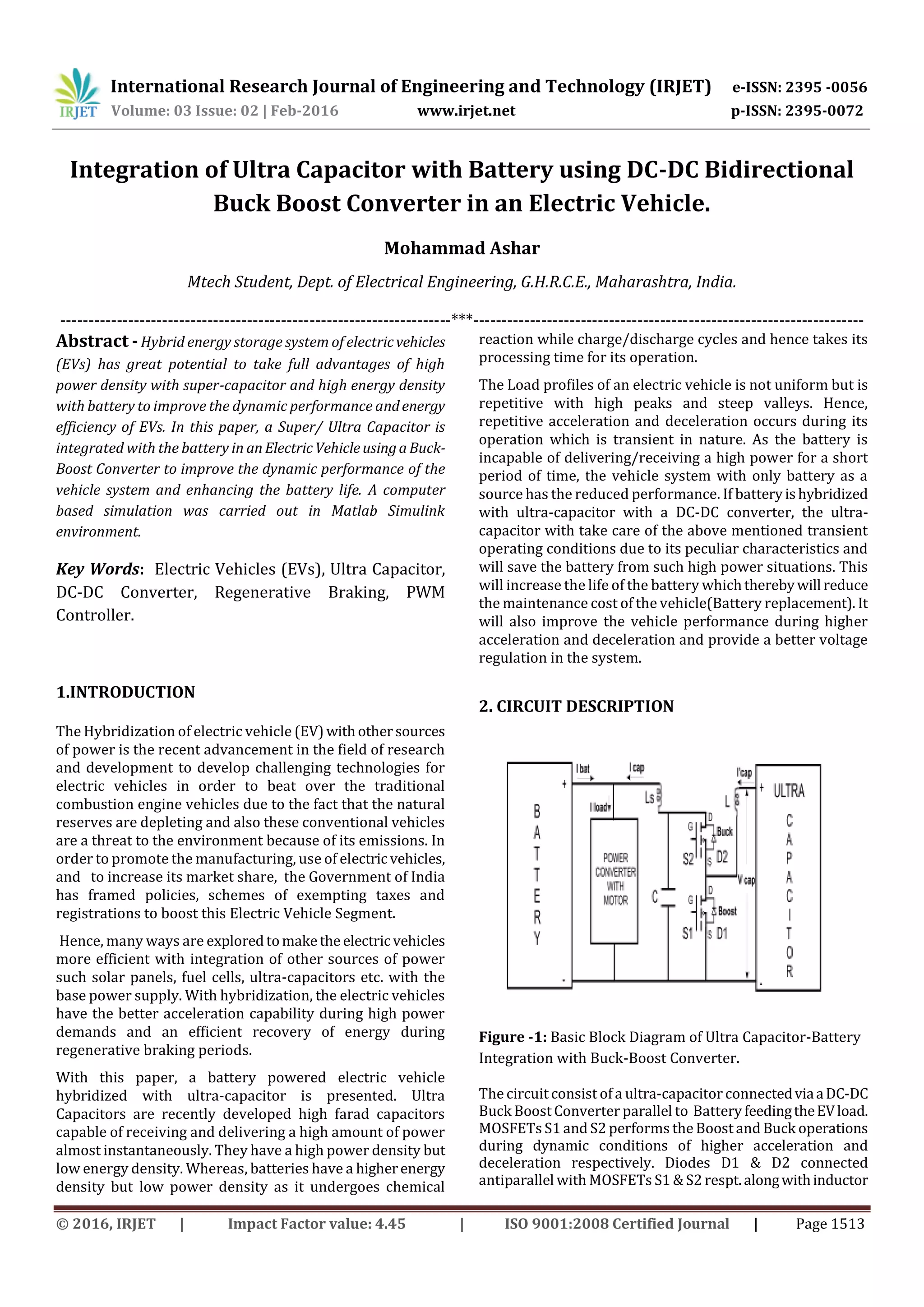 Integration of Ultra Capacitor with Battery using DC-DC Bidirectional ...