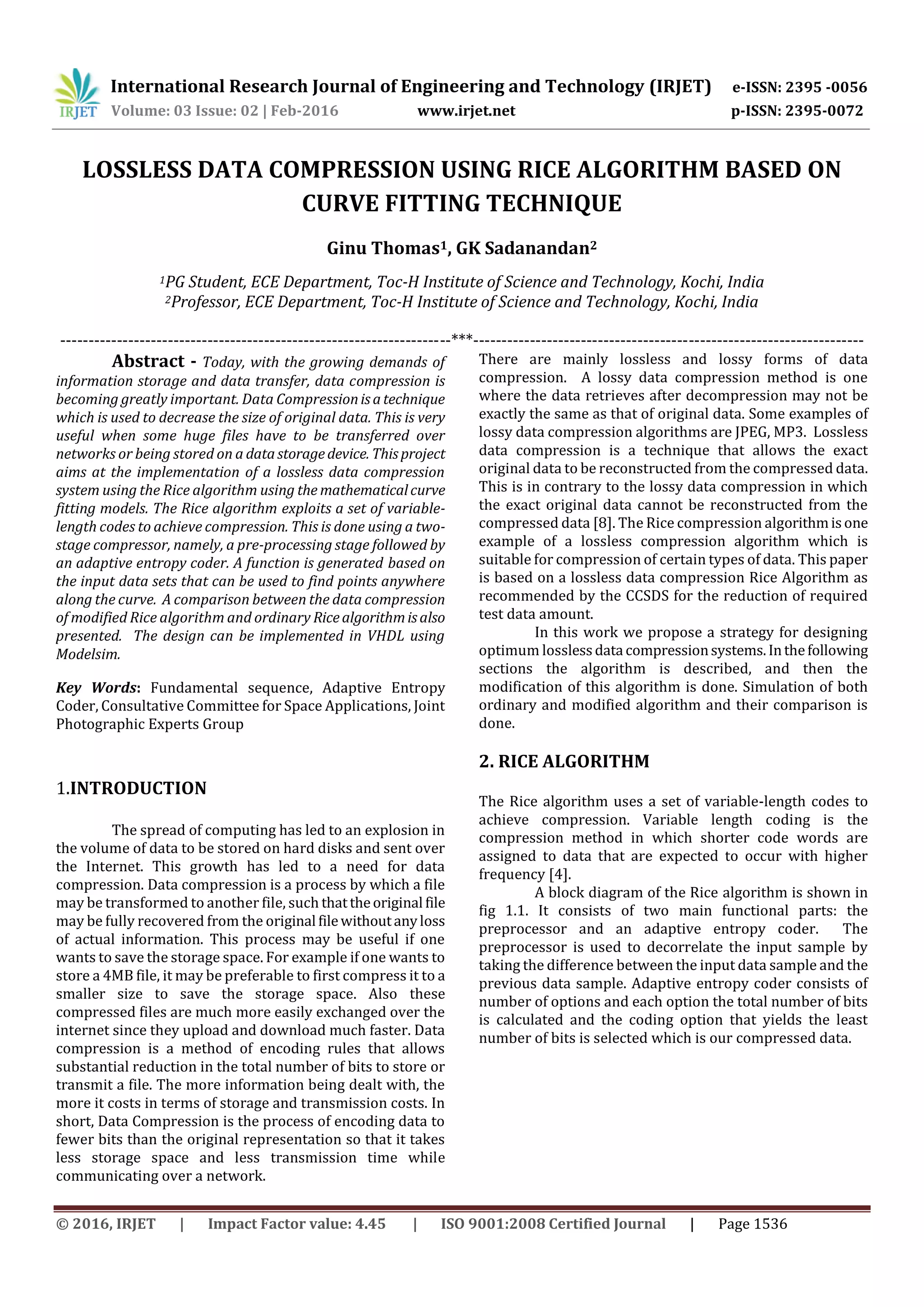 Lossless Data Compression Using Rice Algorithm Based On Curve Fitting Technique Pdf