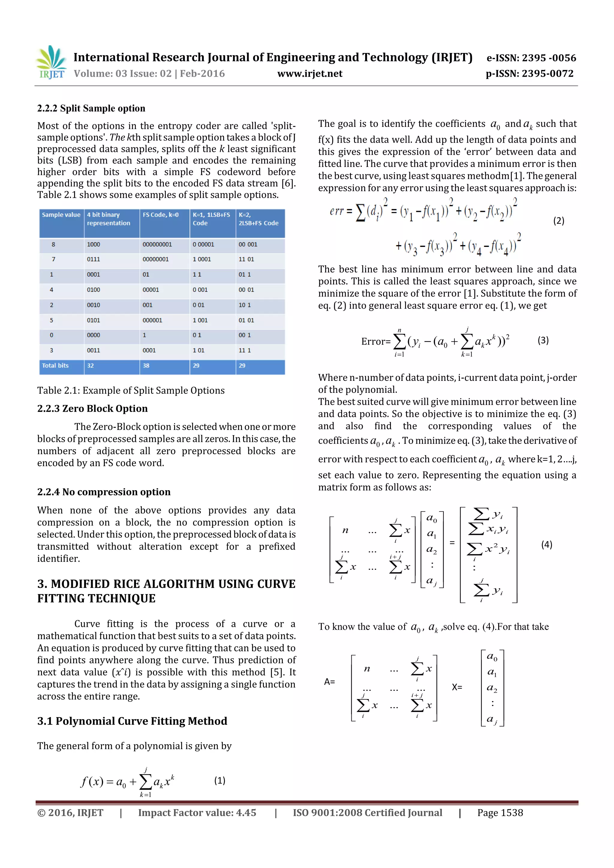 Lossless Data Compression Using Rice Algorithm Based On Curve Fitting Technique Pdf